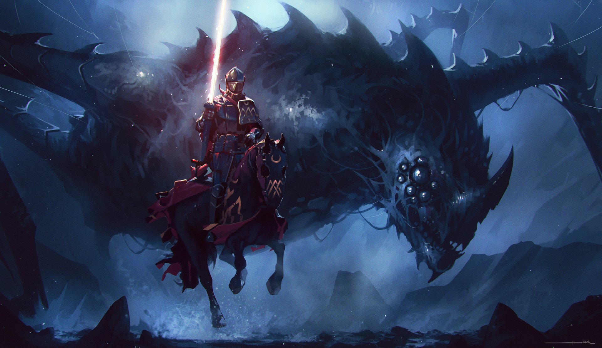 Dark Knight vs. Abyssal Creature - Fantasy HD Wallpaper by Ömer Tunç