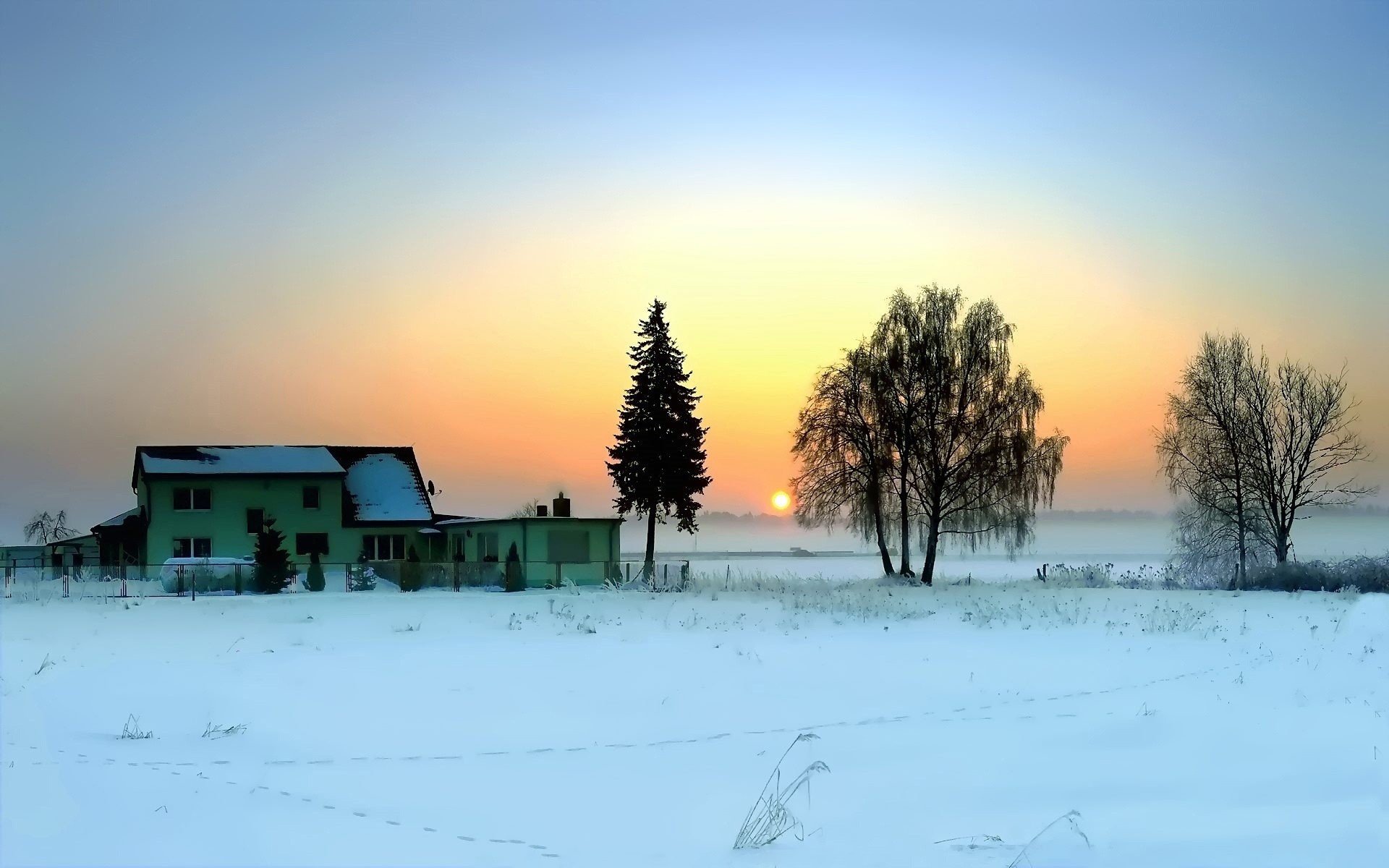 Download Sunset Snow Tree House Earth Photography Winter HD Wallpaper