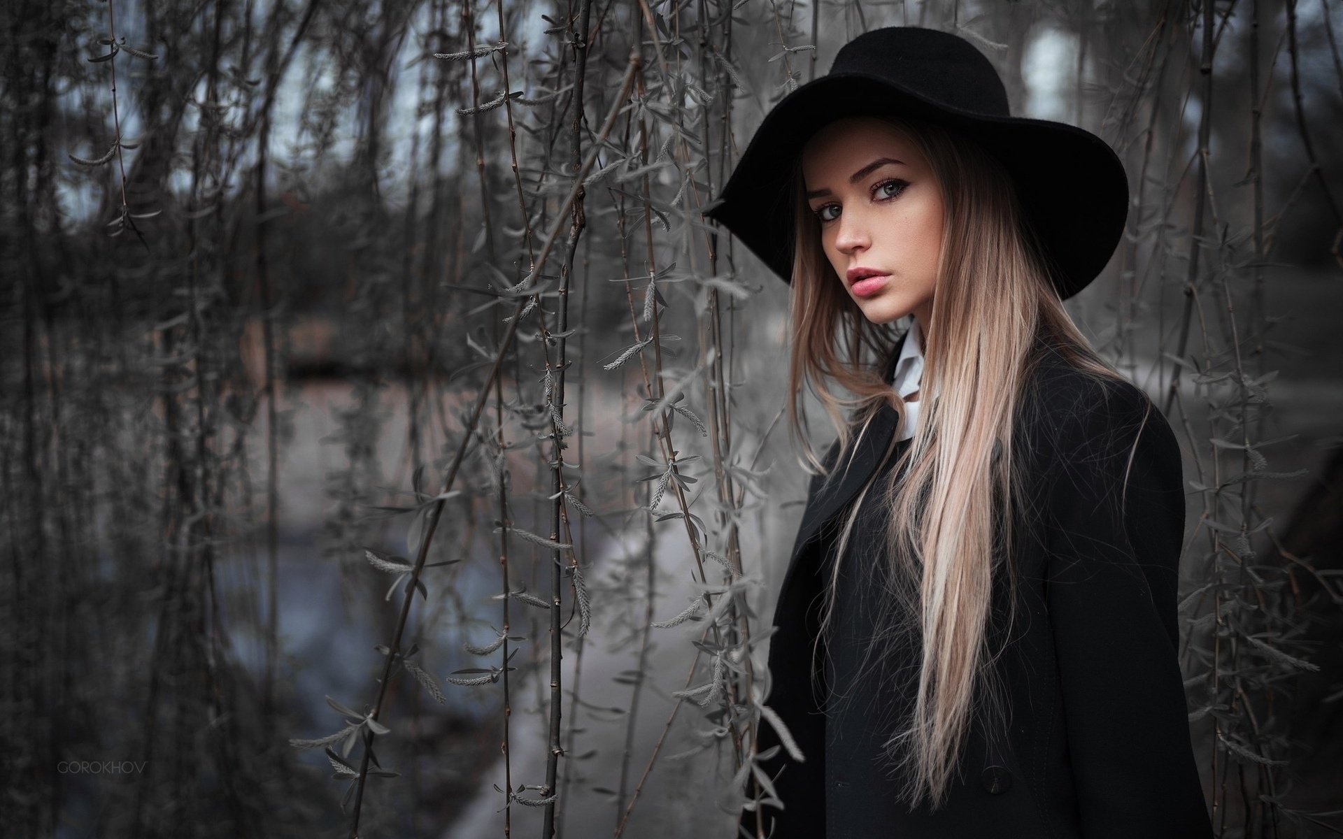 Download Depth Of Field Blue Eyes Blonde Hat Woman Model Hd Wallpaper