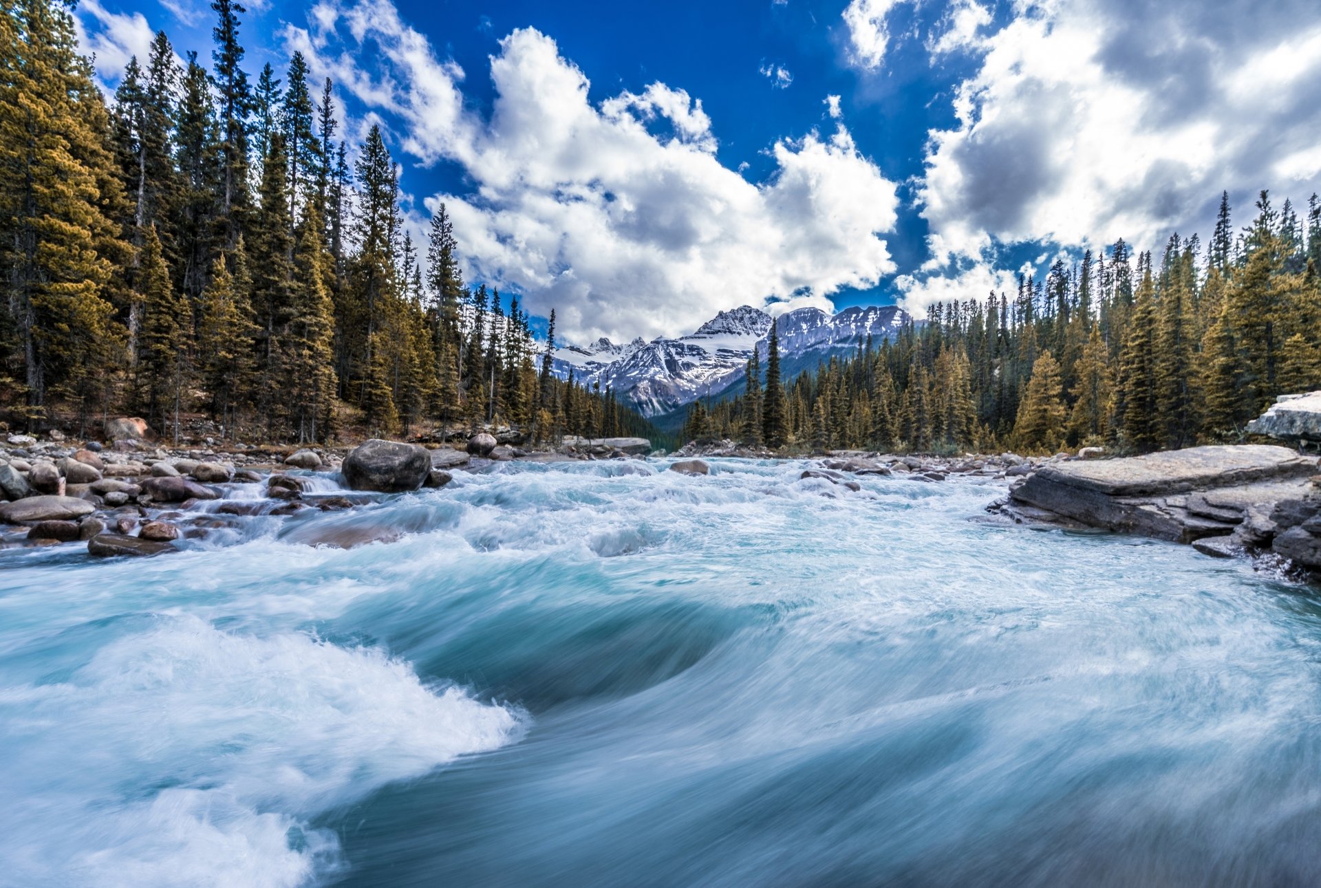 Majestic Mountain River Flow Through Forest Under Clouded Sky – HD ...
