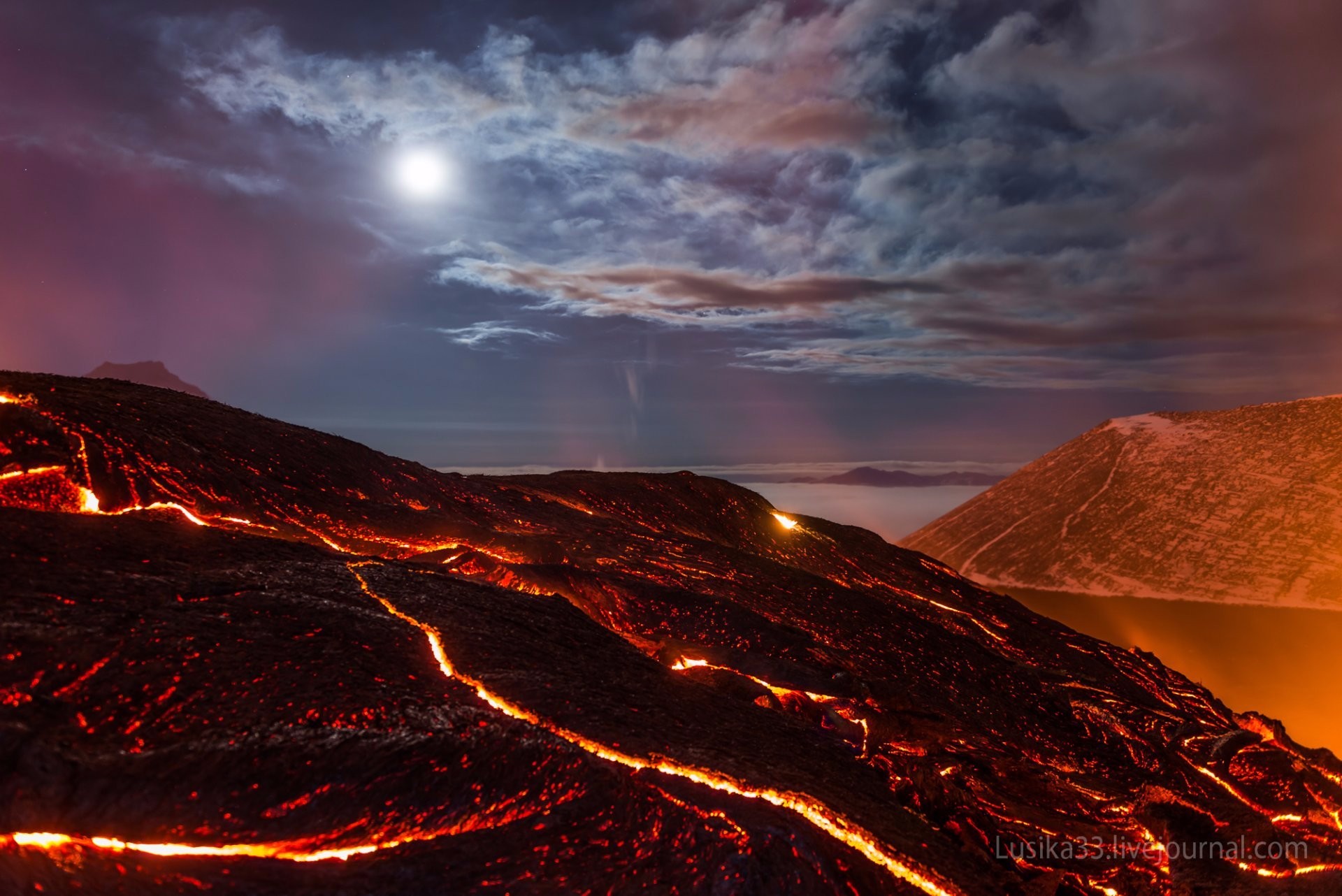 Moonlit Volcano Eruption: Fiery Lava Meets Clouded Night Sky HD ...