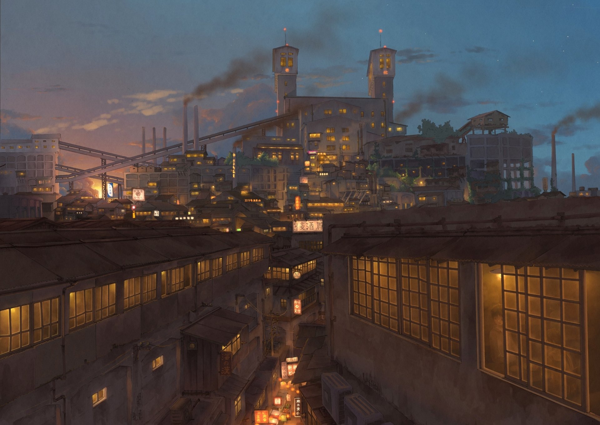 Original Anime Twilight: Industrial Cityscape HD Wallpaper | 1920x1361 ...
