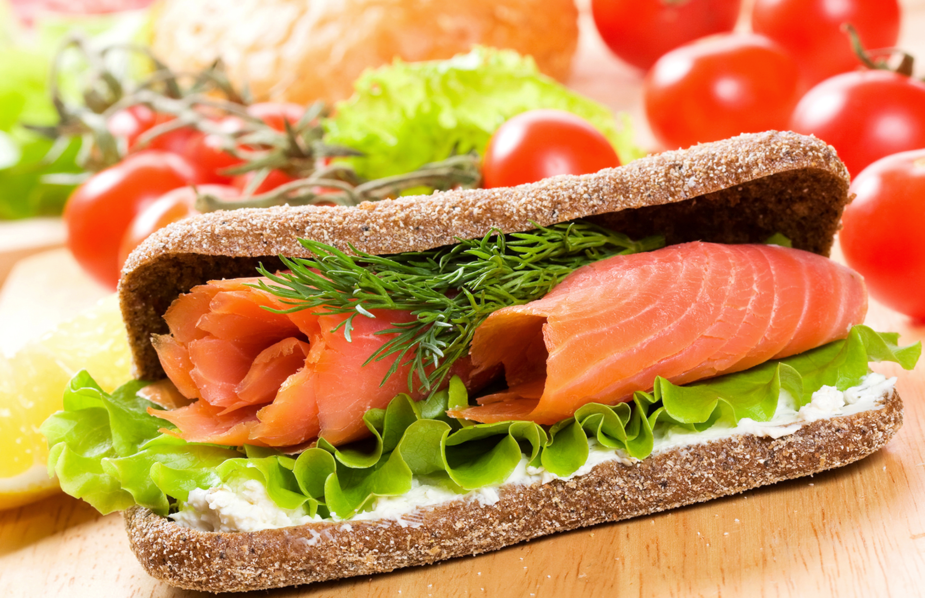 Download Lettuce Tomato Salmon Fish Bread Food Sandwich HD Wallpaper
