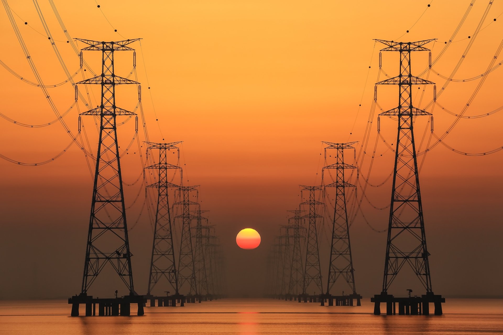 Download Horizon Sun Sunset Man Made Power Line HD Wallpaper