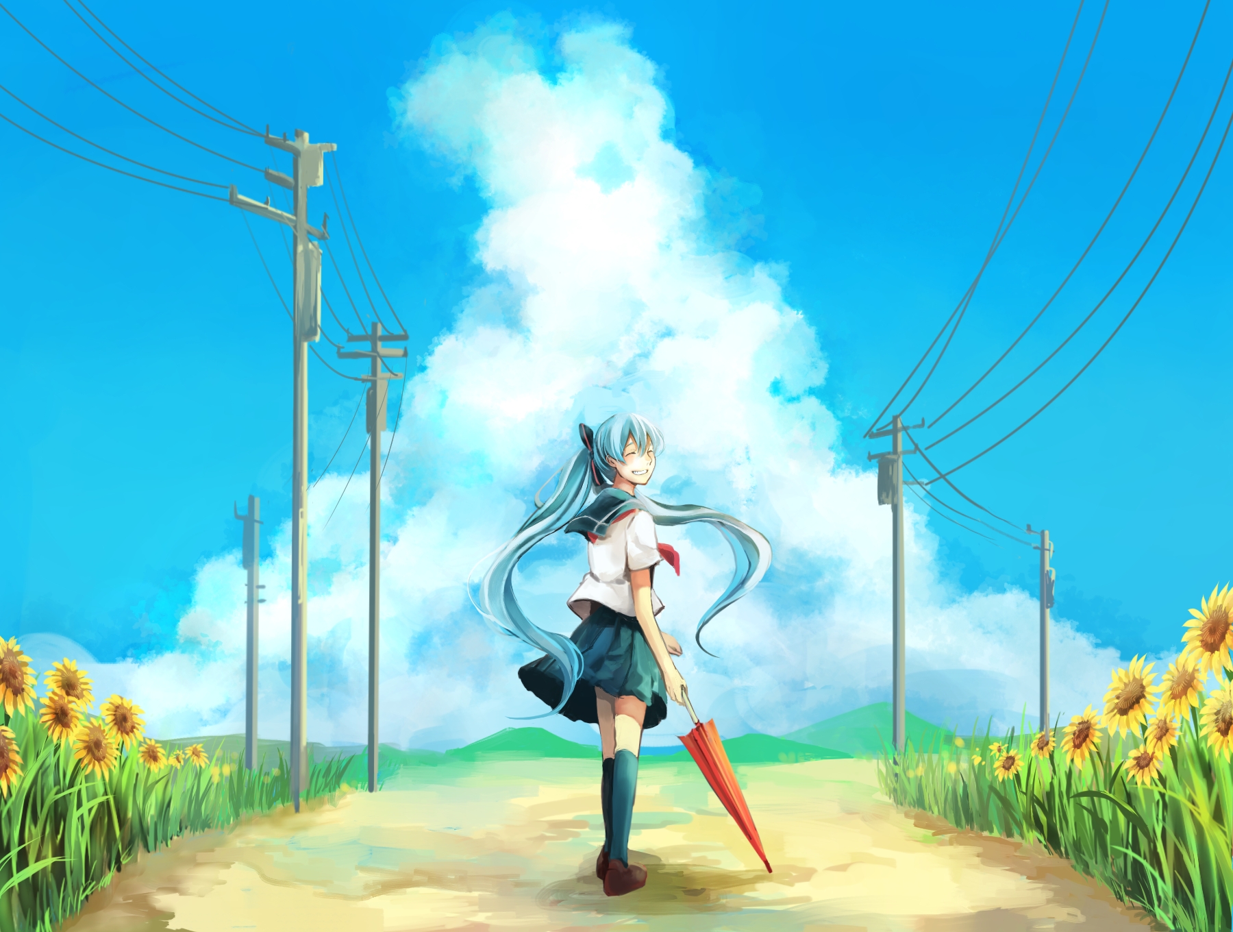 Download Umbrella Smile Cloud Sunflower Skirt School Uniform Aqua Hair ...