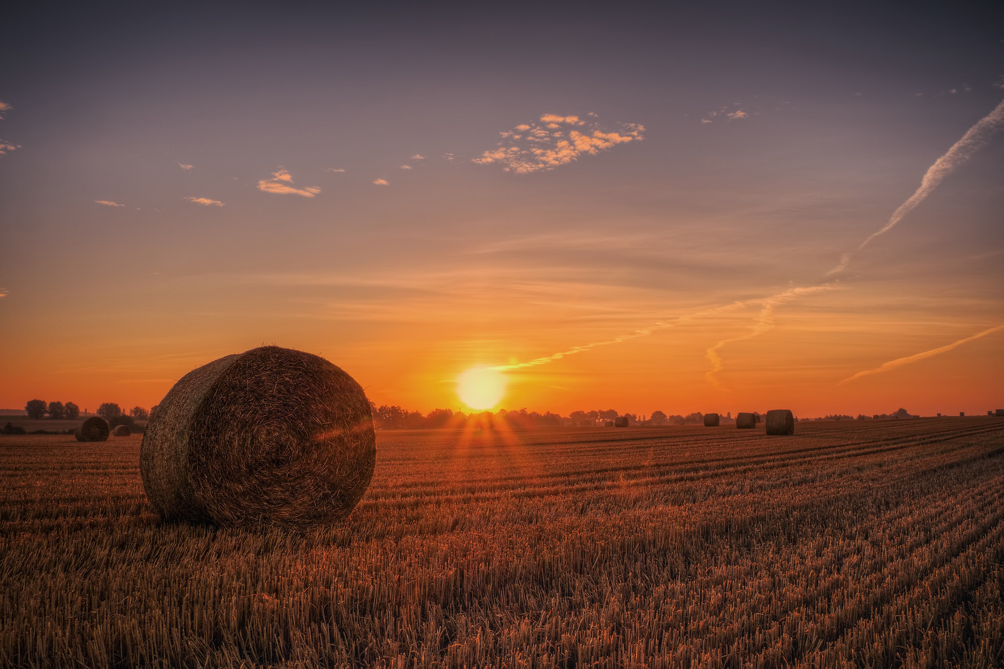 Download Sunrise Sun Sky Haystack Summer Nature Field HD Wallpaper