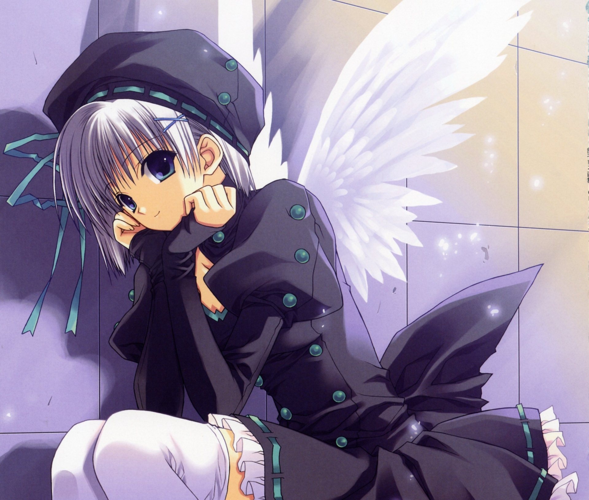 Download Short Hair Grey Hair Blue Eyes Smile Hat Wings Anime Angel HD ...