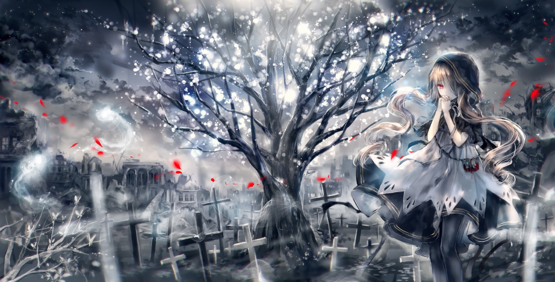 Ethereal Anime Night: Blonde Girl in Haunted Graveyard with Glowing Red ...