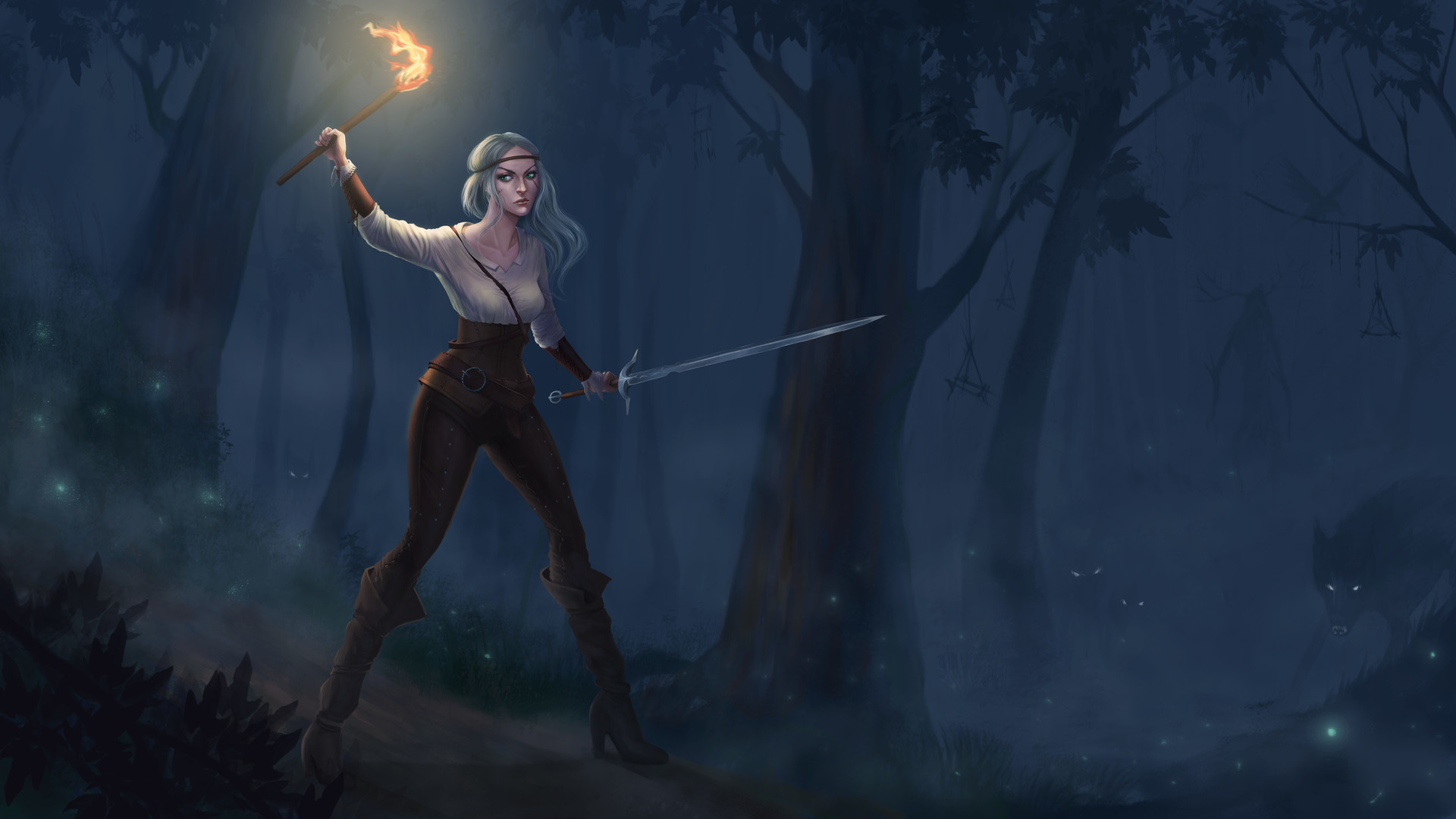 Download Green Eyes Forest White Hair Sword Woman Warrior Ciri (The ...