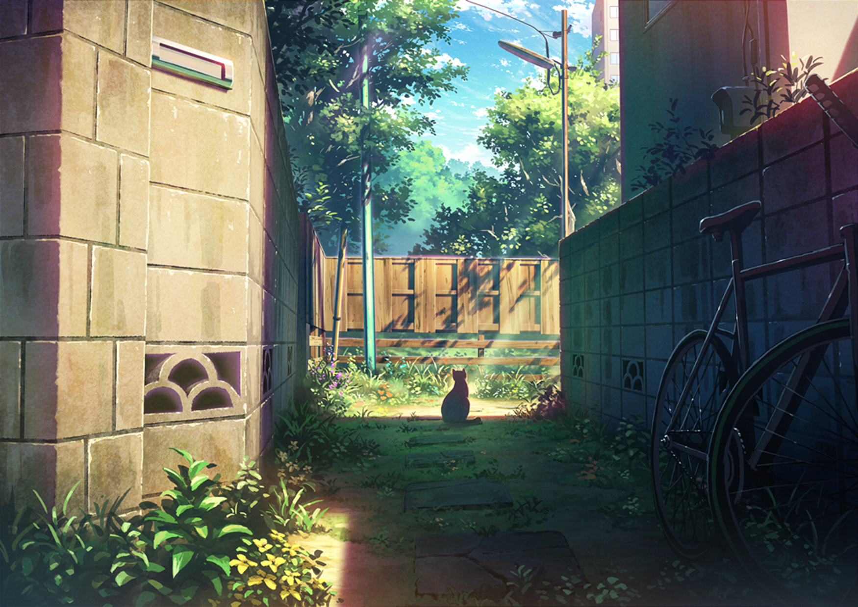 Sunlit Alley with Anime Cat and Bicycle – HD Nature Wallpaper by kami
