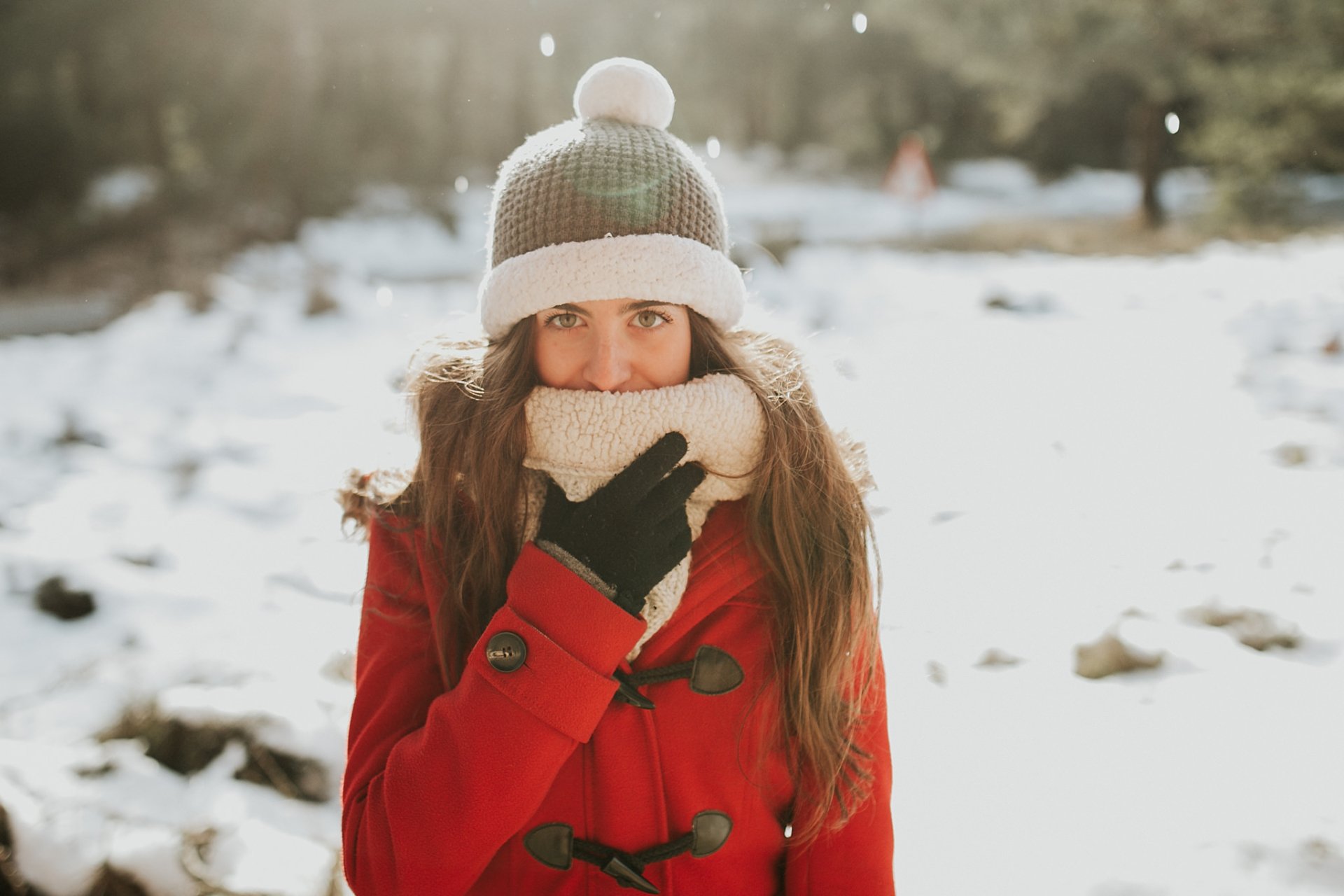 Download Snow Depth Of Field Winter Hat Stare Brunette Woman Model HD ...