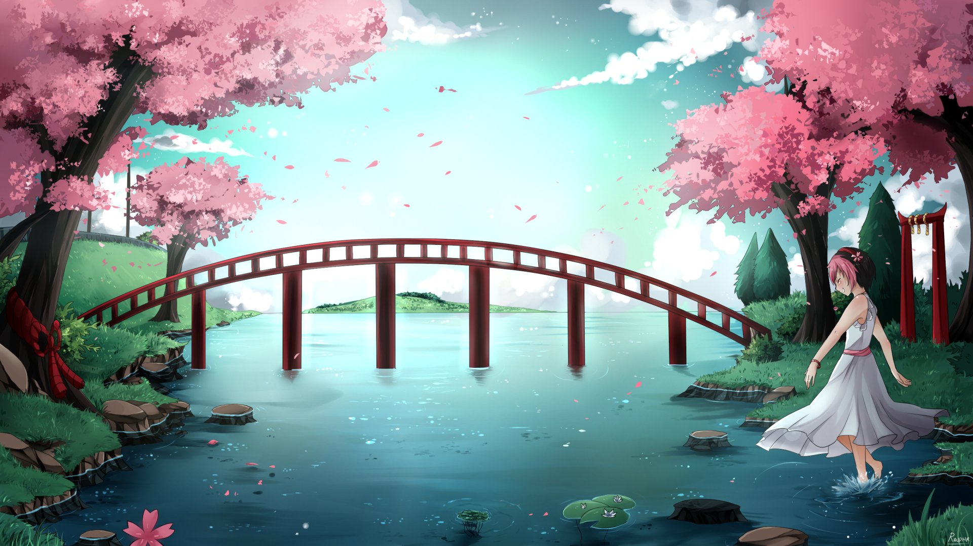 Osu! Rhythm Blossoms HD Wallpaper: Serene Cherry Blossom Bridge Scene
