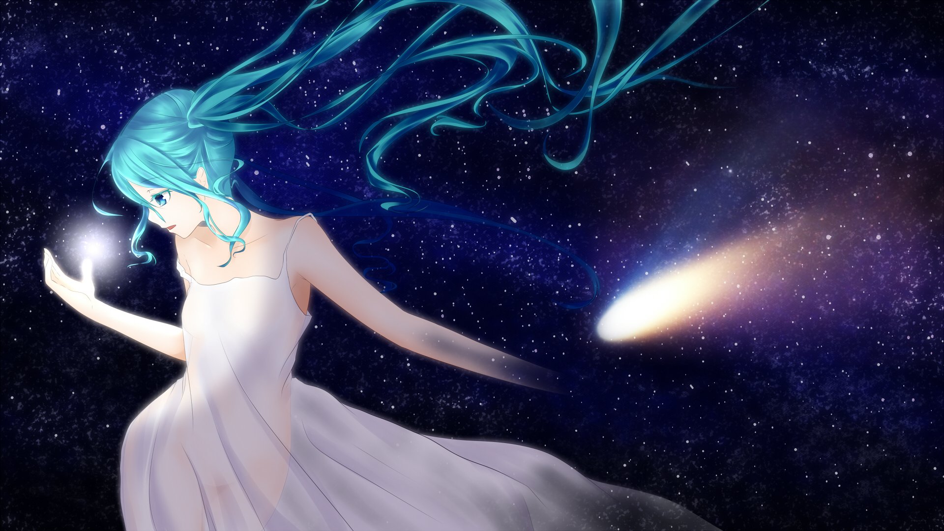 Download Long Hair White Dress Star Space Aqua Eyes Aqua Hair Twintails ...