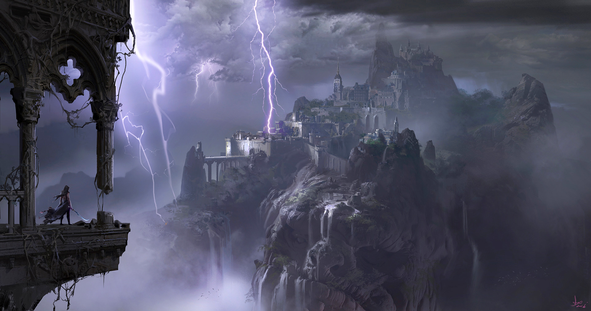 Storm Over the Misty Castle: Fantasy Warrior Amid Thunder and Waterfall ...
