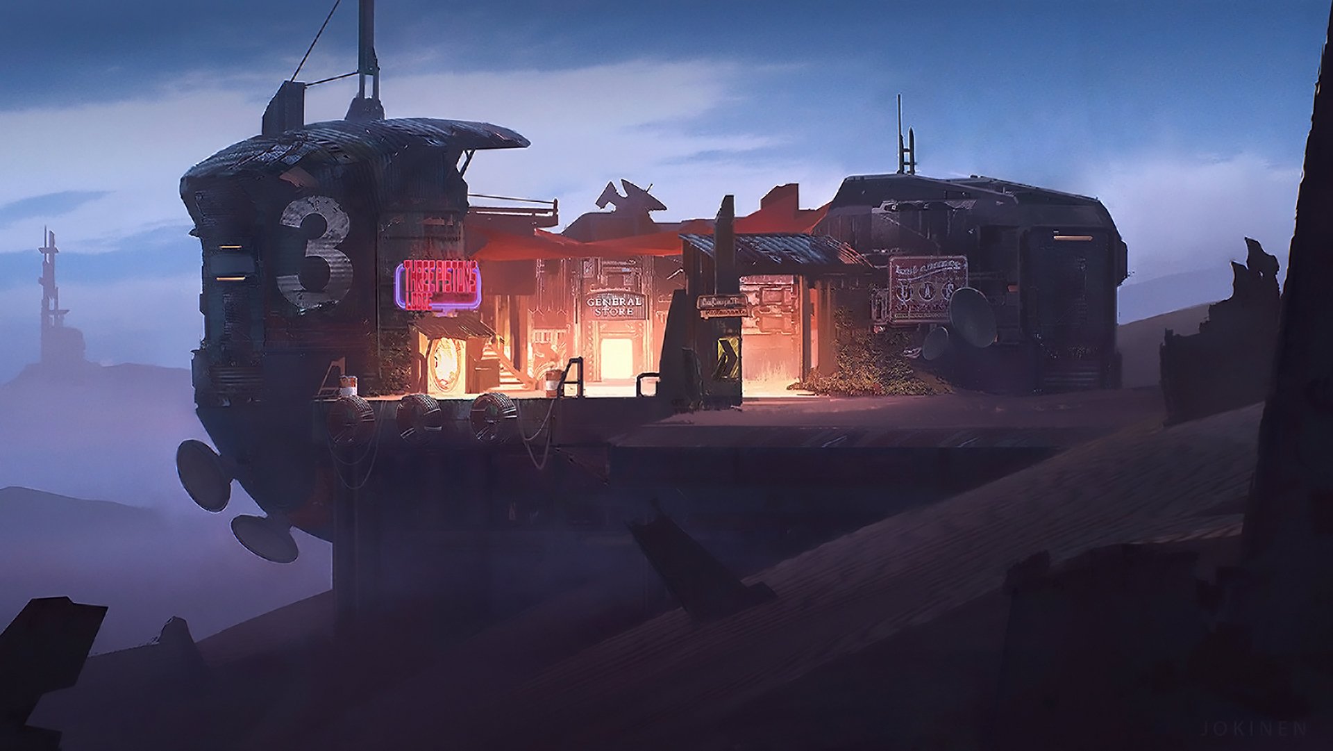 Download Dark Neon Sign Sci Fi Building HD Wallpaper by Juhani Jokinen