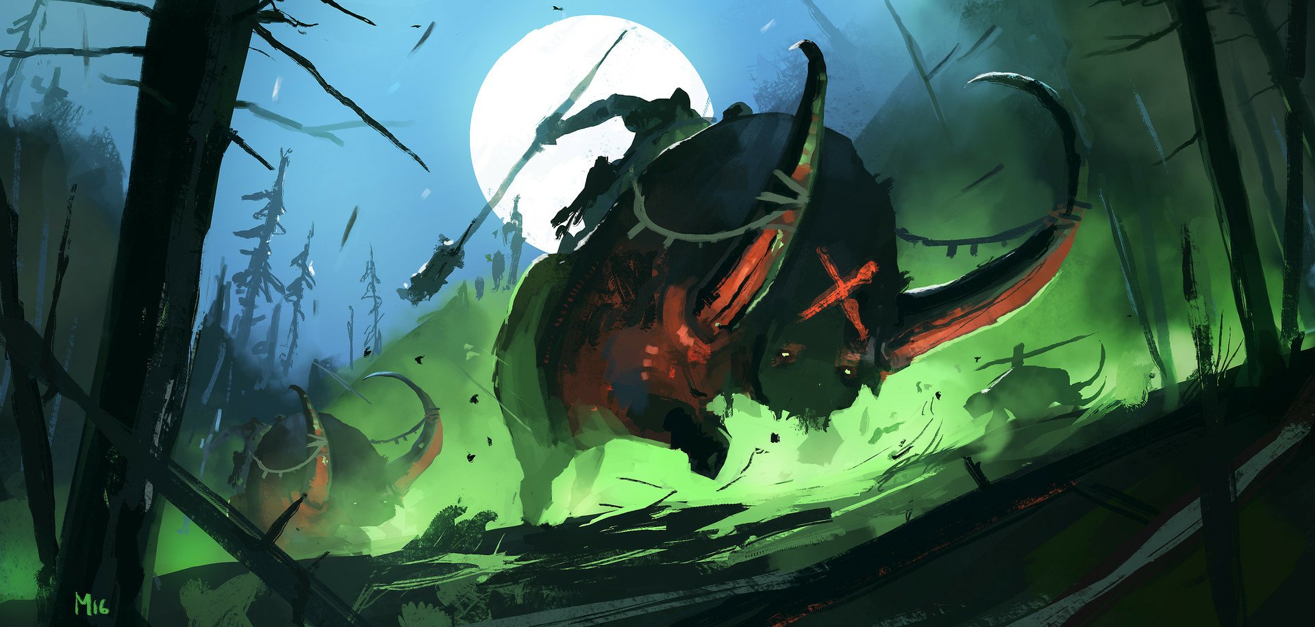 Moonlit Fury: Night Warrior with Horns in a Fantasy Battle by Dominik Mayer