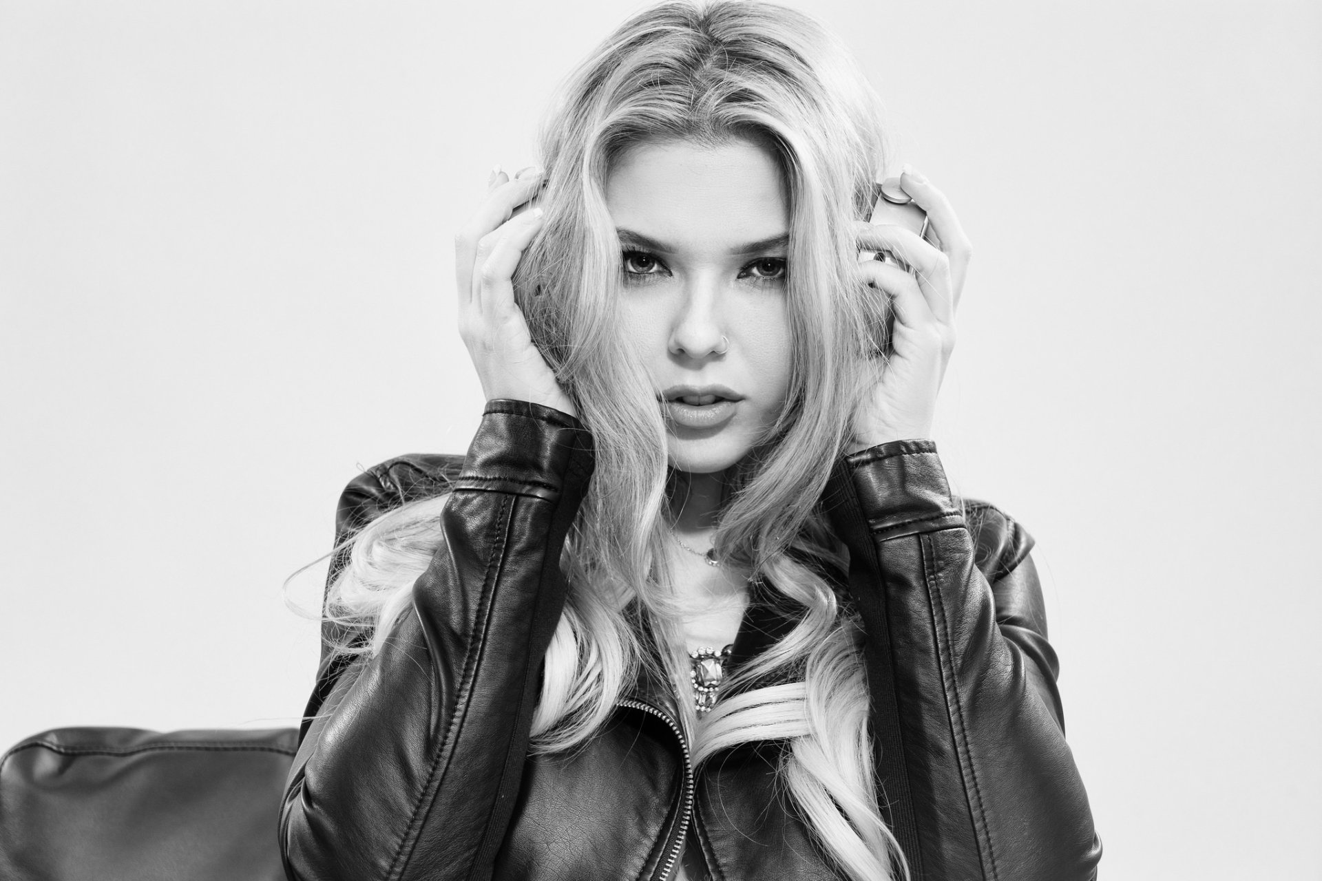 Download Face Leather Jacket Black & White Woman Model HD Wallpaper by ...