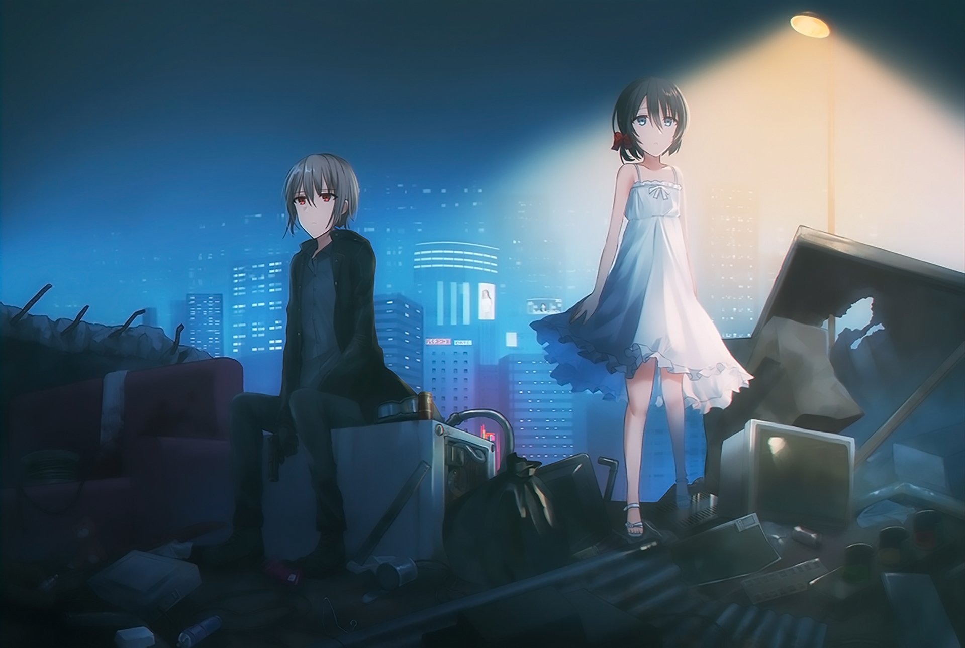 Anime Night Glow: Blue & Red Eyes Under City Lights by ちふり