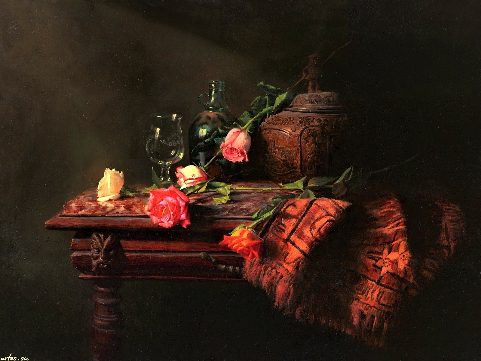 Antique Table with Roses in a Vase — Artistic Still-Life Painting (HD ...
