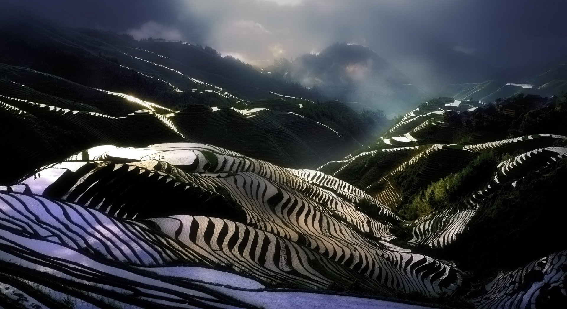 Majestic Man-Made Rice Terraces: Stunning Nature Landscape HD Wallpaper