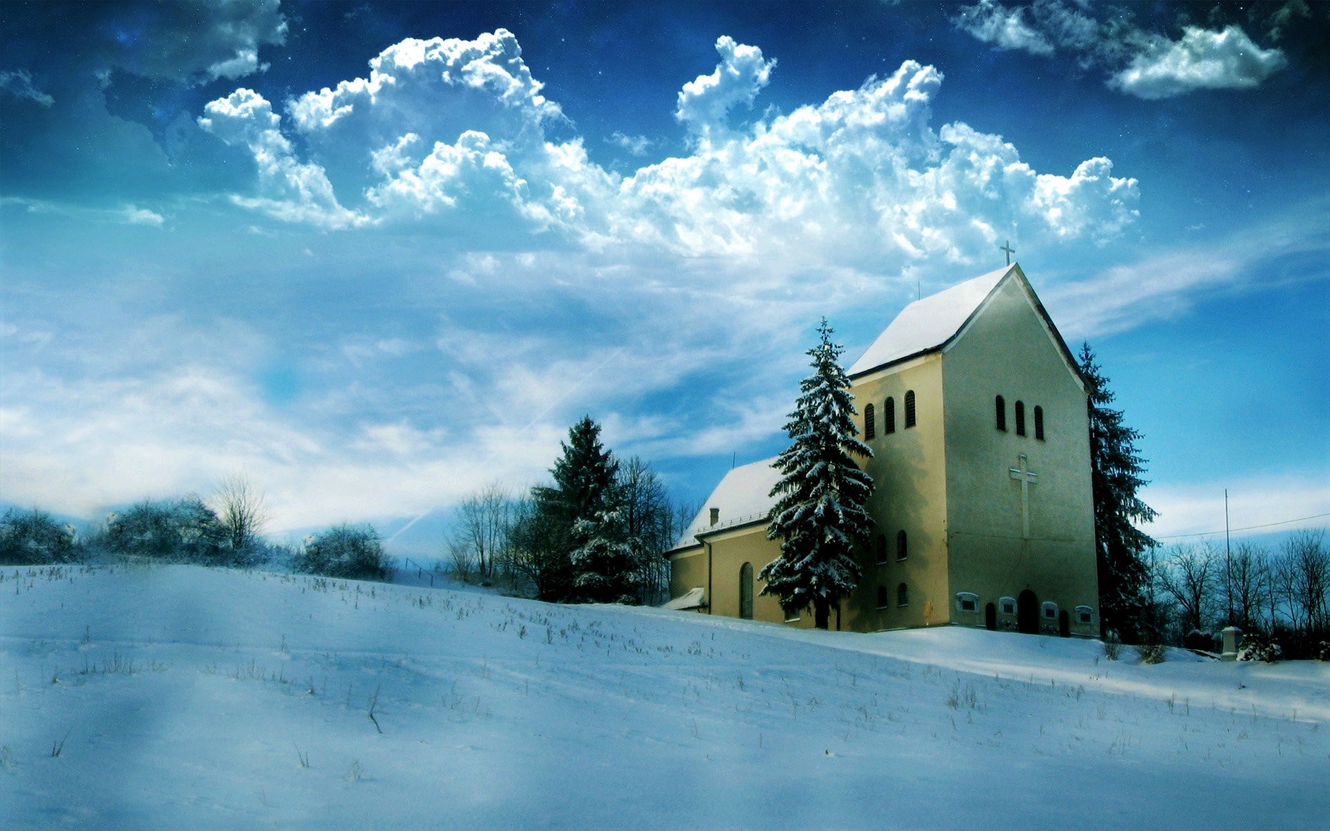 Download Cloud Tree Snow Winter Religious Church HD Wallpaper