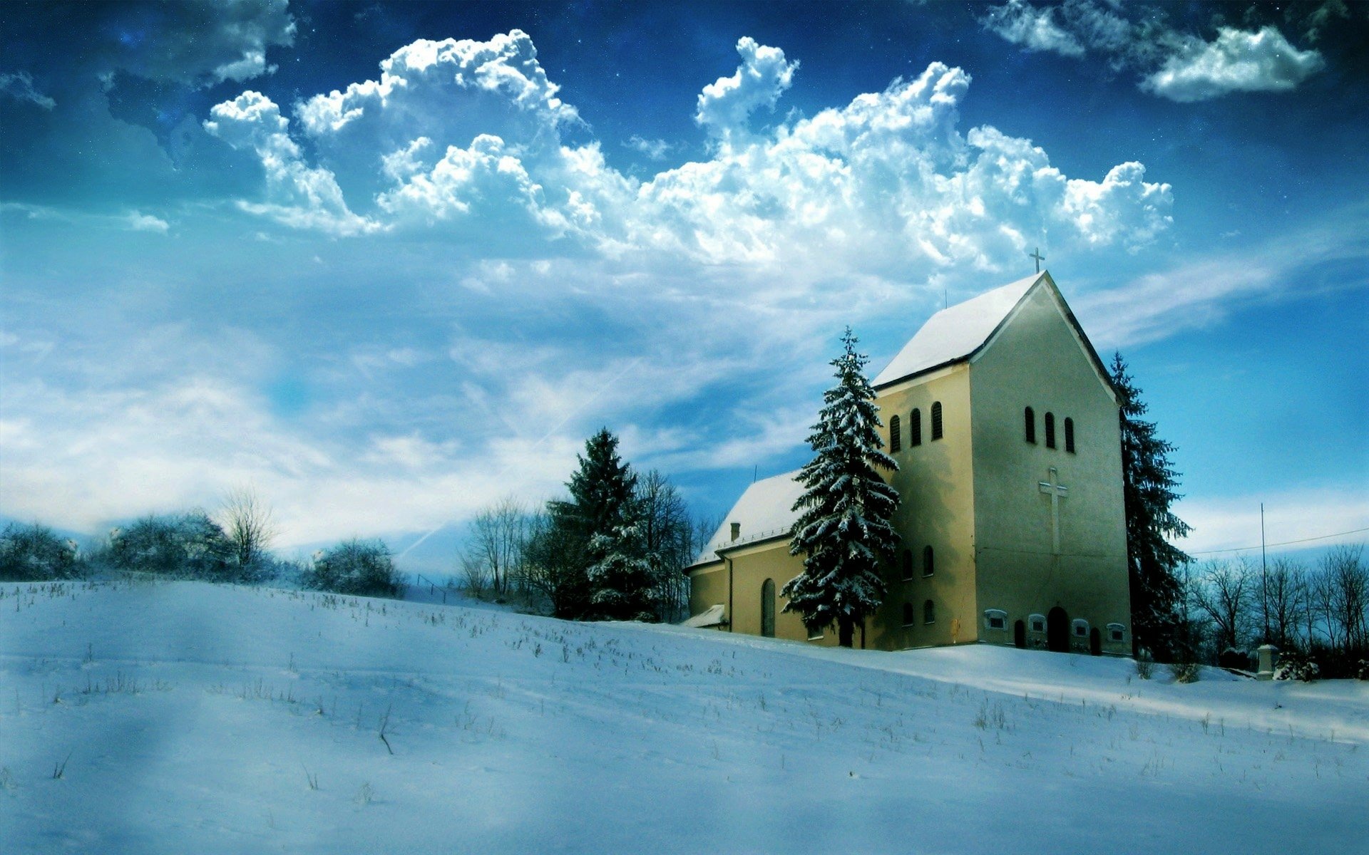 Download Cloud Tree Snow Winter Religious Church HD Wallpaper