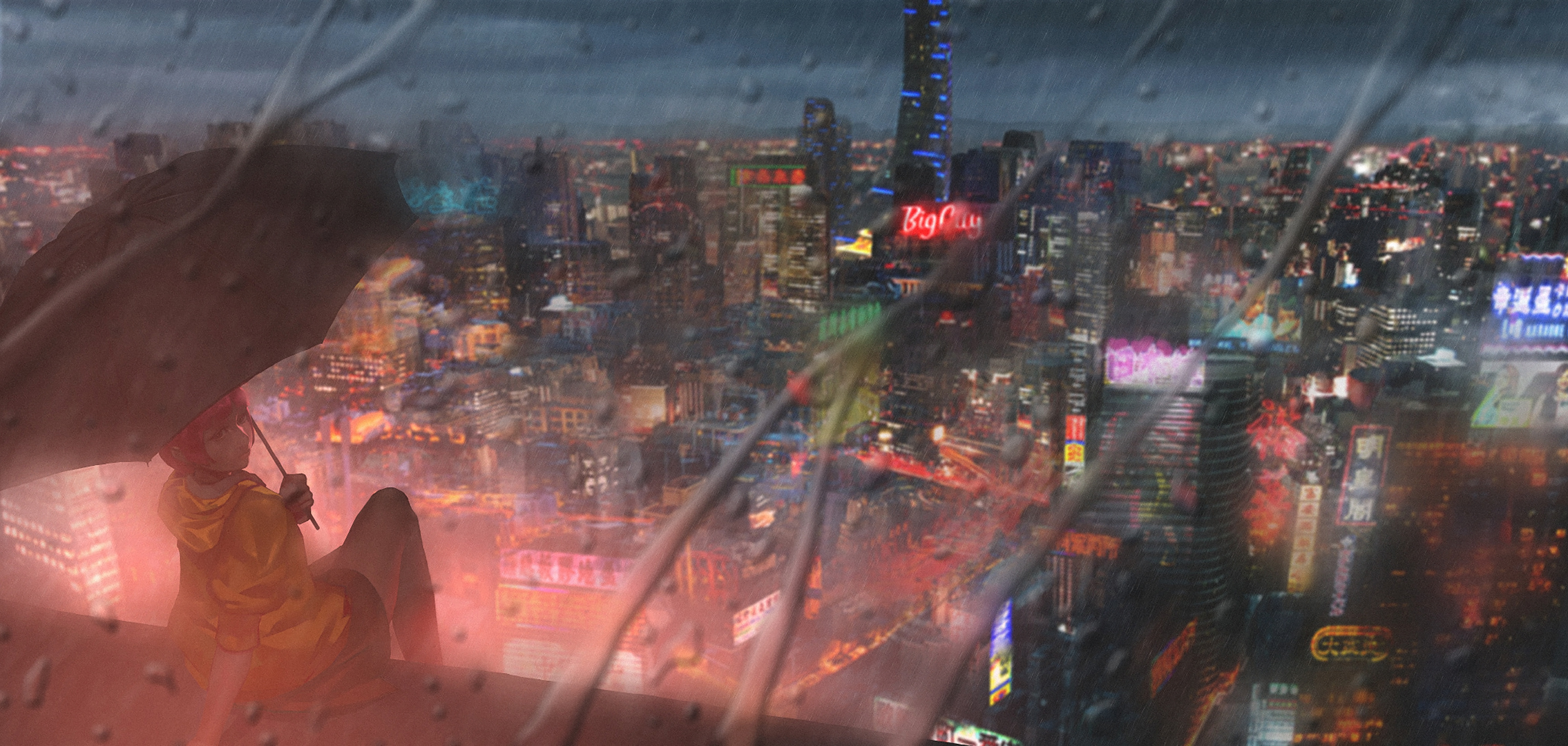 Download Neon Sign Night Building City Umbrella Rain Anime Original ...