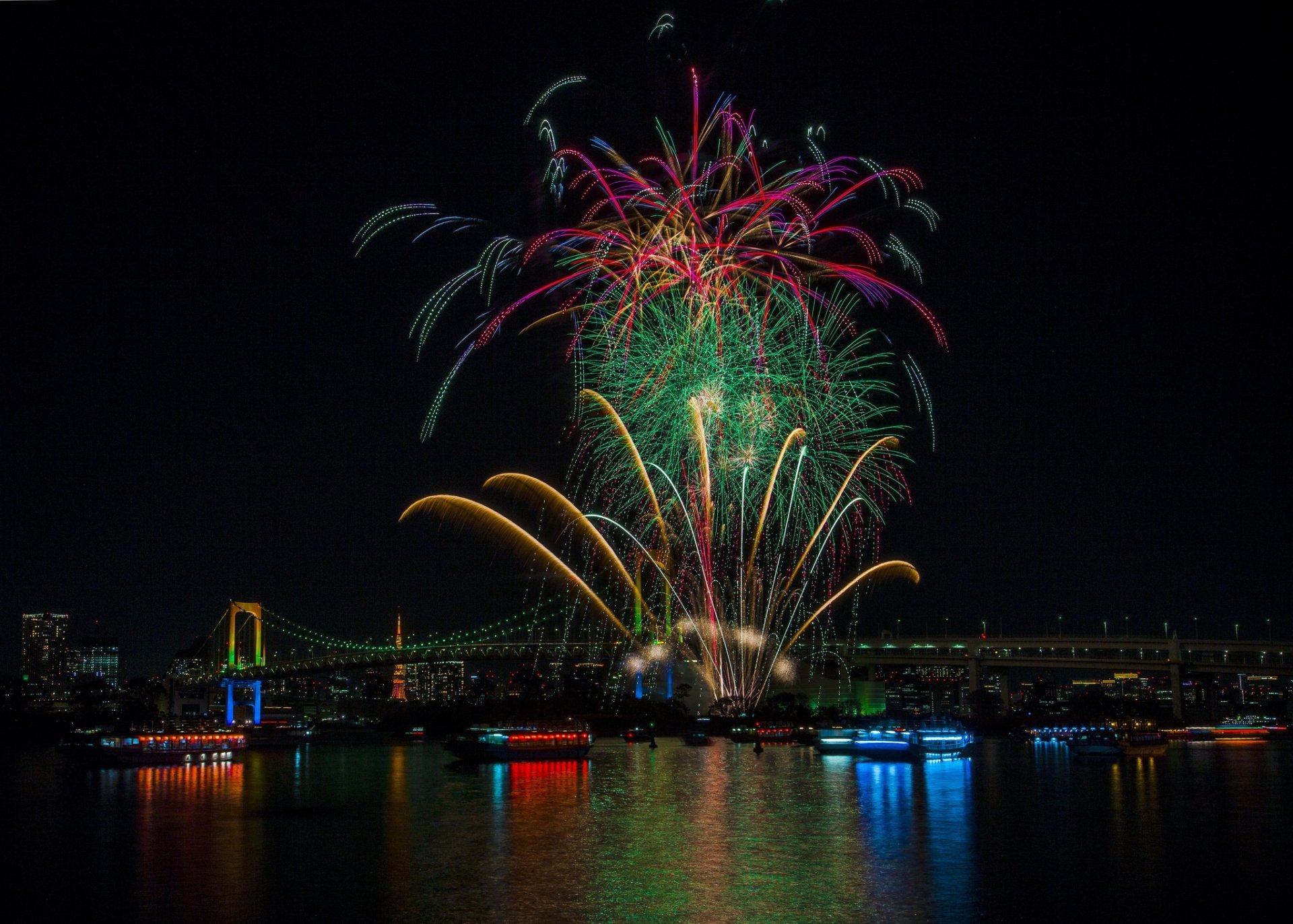 Tokyo Night: Rainbow Bridge & Fireworks — HD Wallpaper