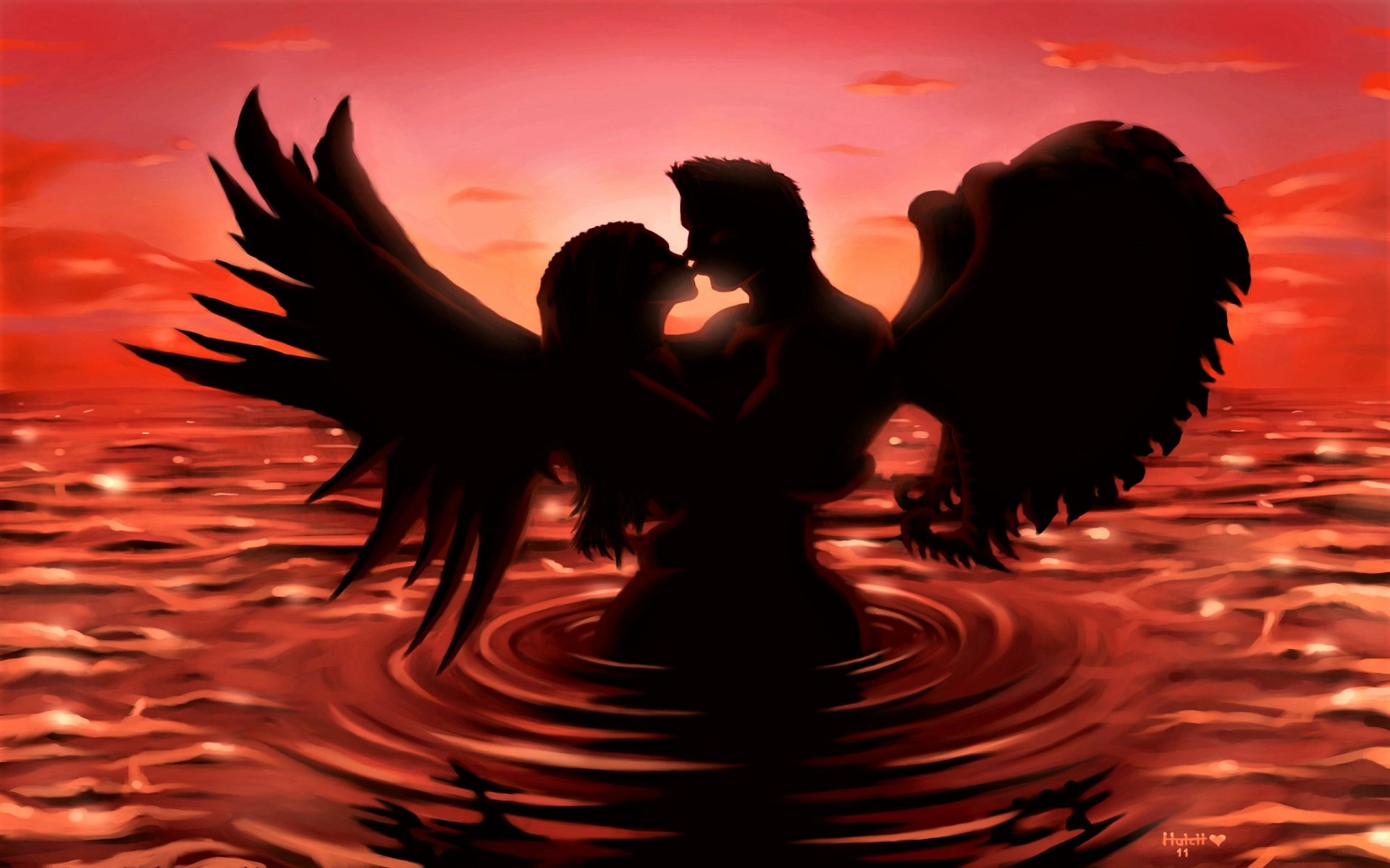 Angel Wings of Love: Silhouette Kiss HD Wallpaper