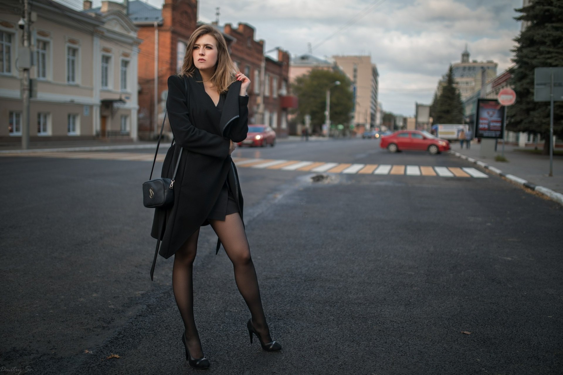 Chic Blonde Model in Black Dress: Urban Depth of Field HD Wallpaper ...