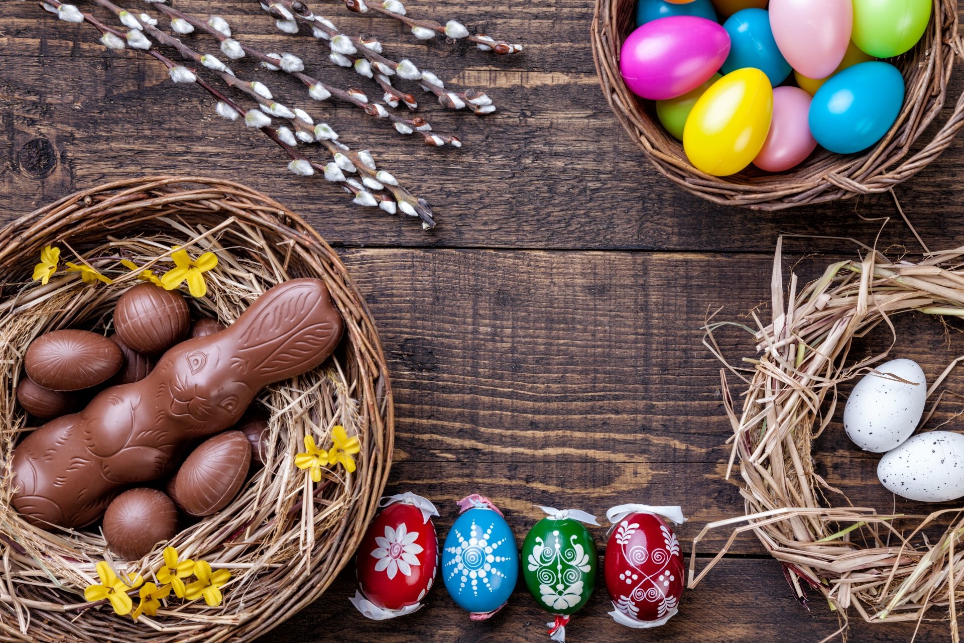 Easter Joy: 4K Ultra HD Basket of Colorful Eggs and Chocolate Delights