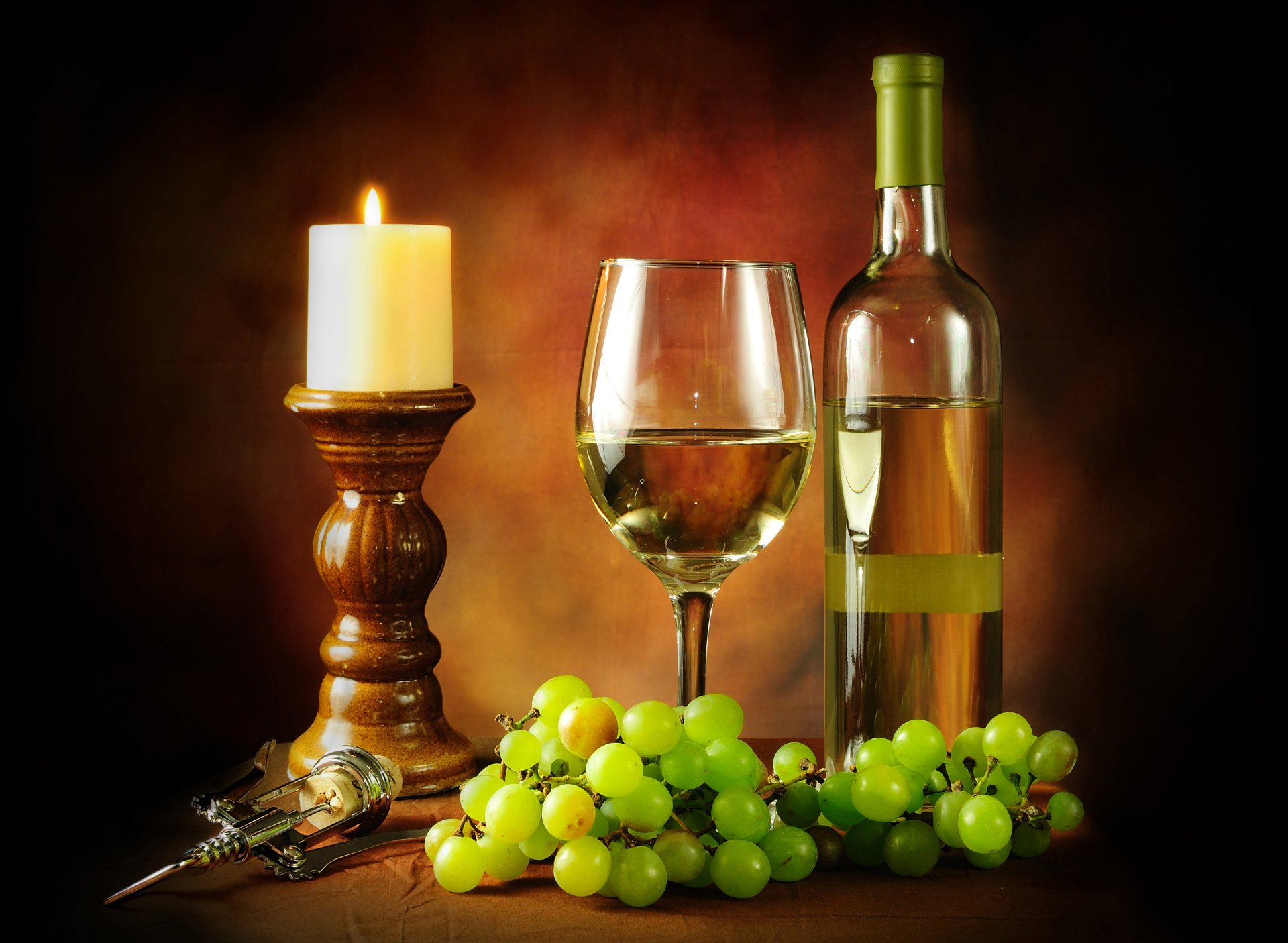 Download Corkscrew Glass Candle Grapes Wine Photography Still Life 4k ...