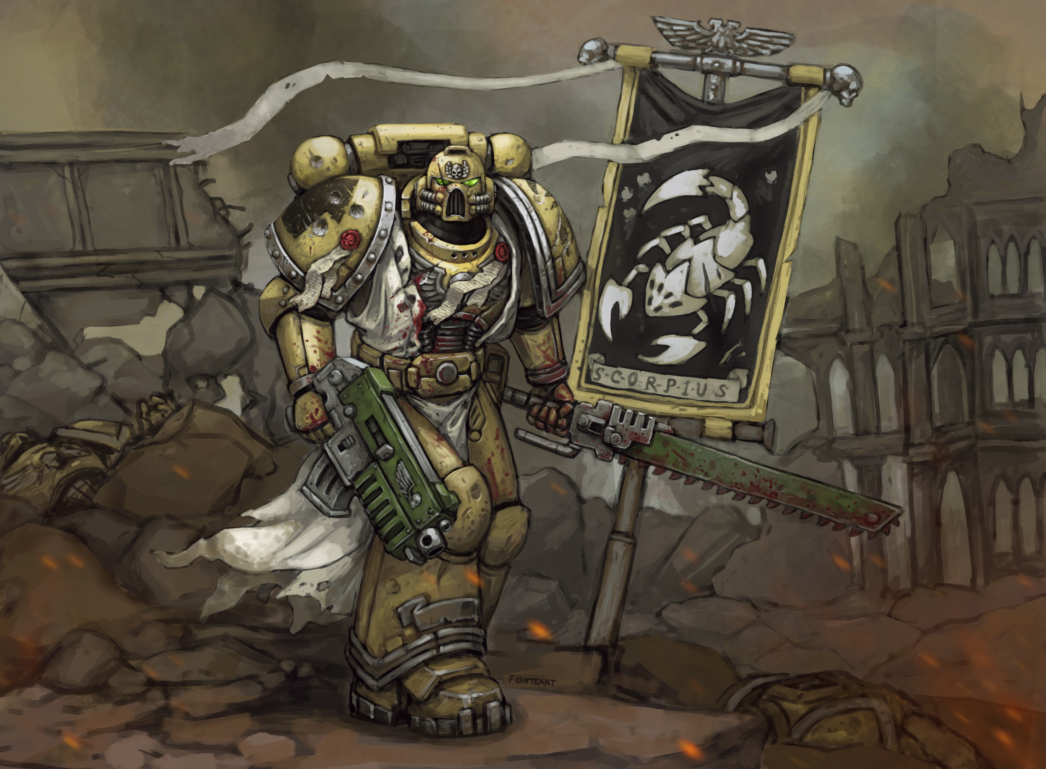 Warhammer 40k Space Marine Warrior HD Wallpaper with Banner and Weapon ...