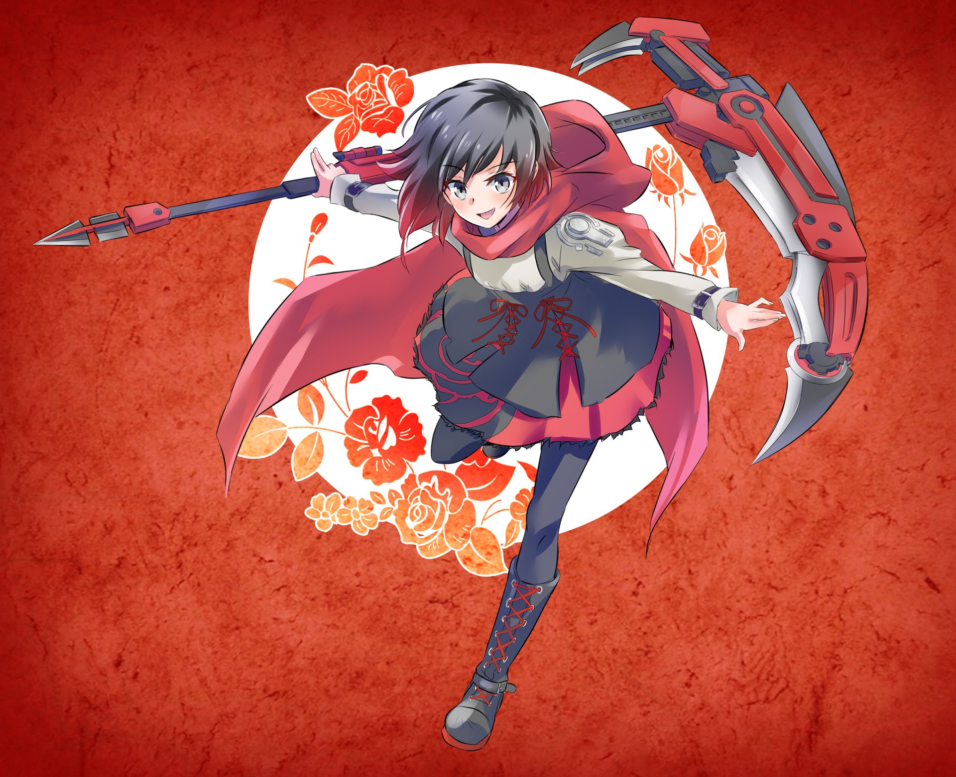 Ruby Rose RWBY Anime HD Wallpaper: Dynamic Action Pose on Fiery Red ...