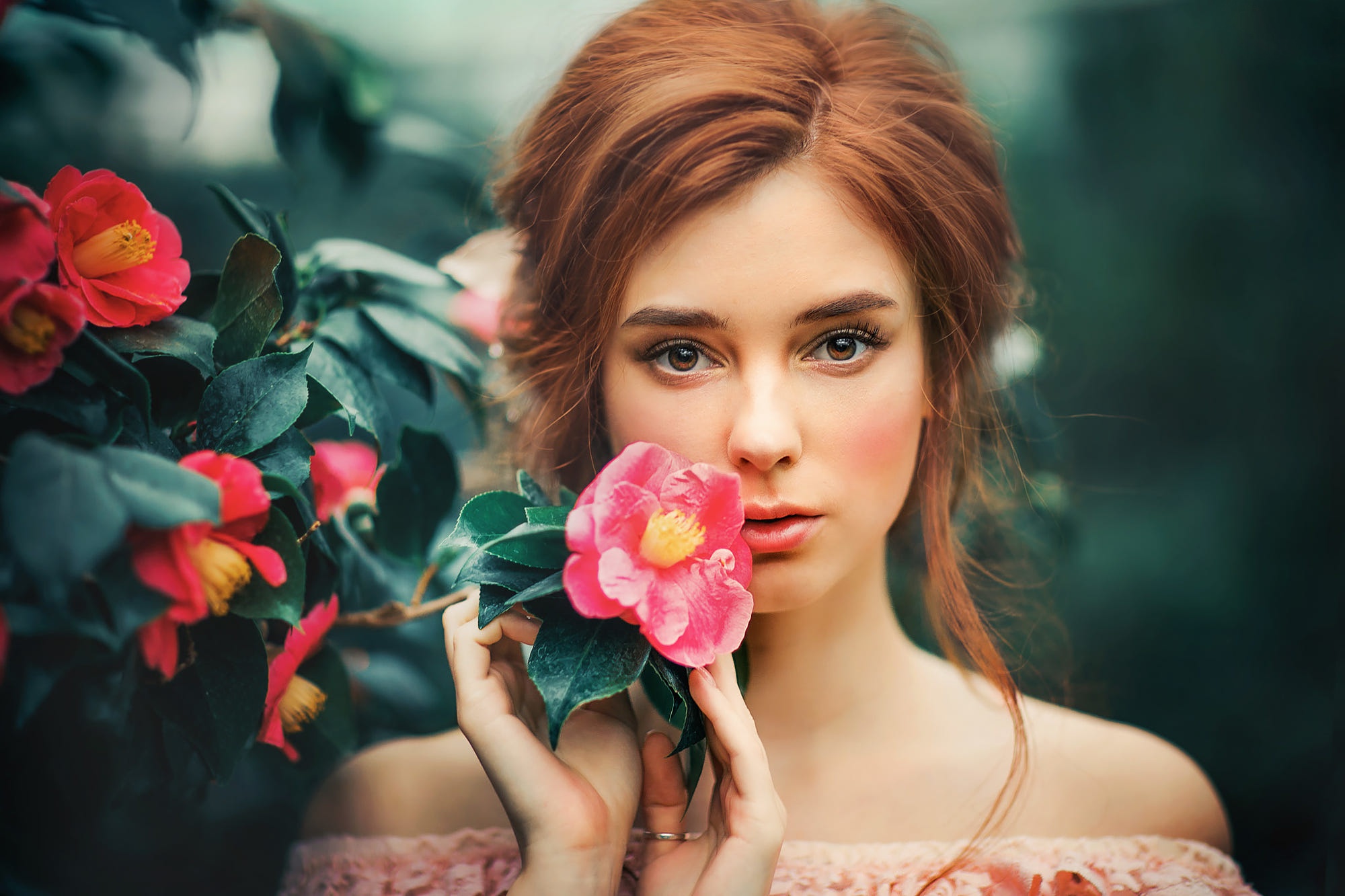 Download Pink Flower Flower Brown Eyes Redhead Face Woman Model HD ...