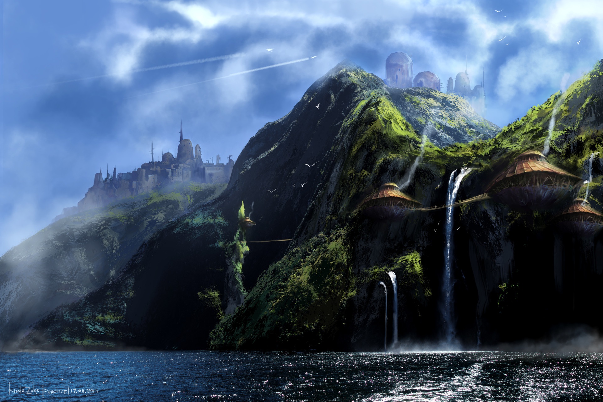 Download Waterfall Coast Fantasy City HD Wallpaper by Nino Zorc