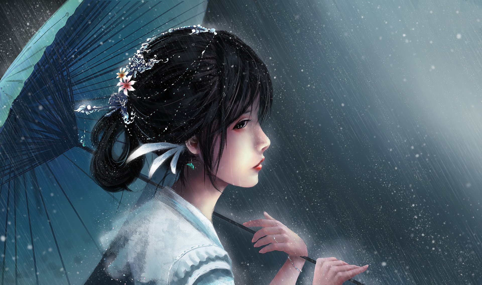 Serene Rain: Anime Girl with Black Hair and Umbrella HD Wallpaper by ...