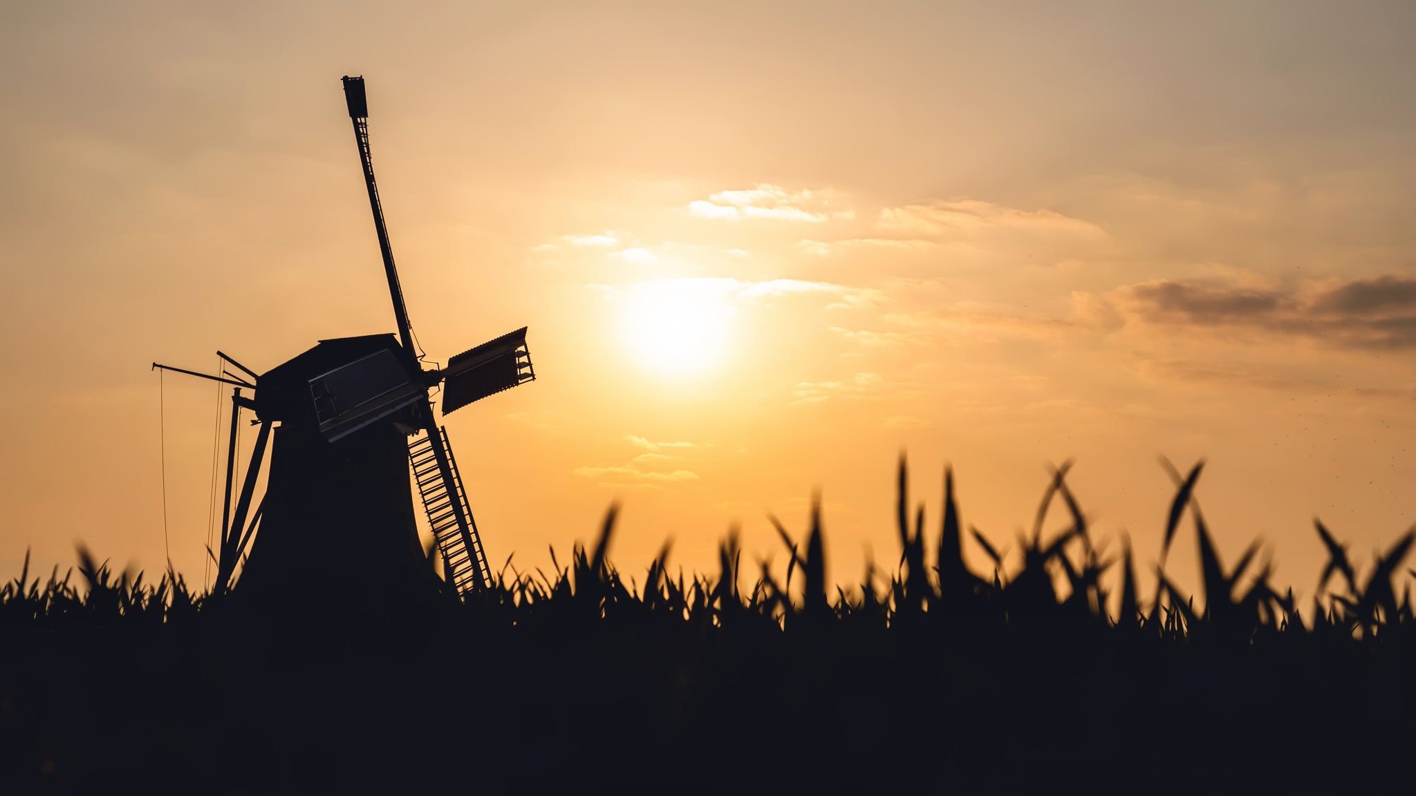 Download Sun Sky Building Sunset Man Made Windmill HD Wallpaper