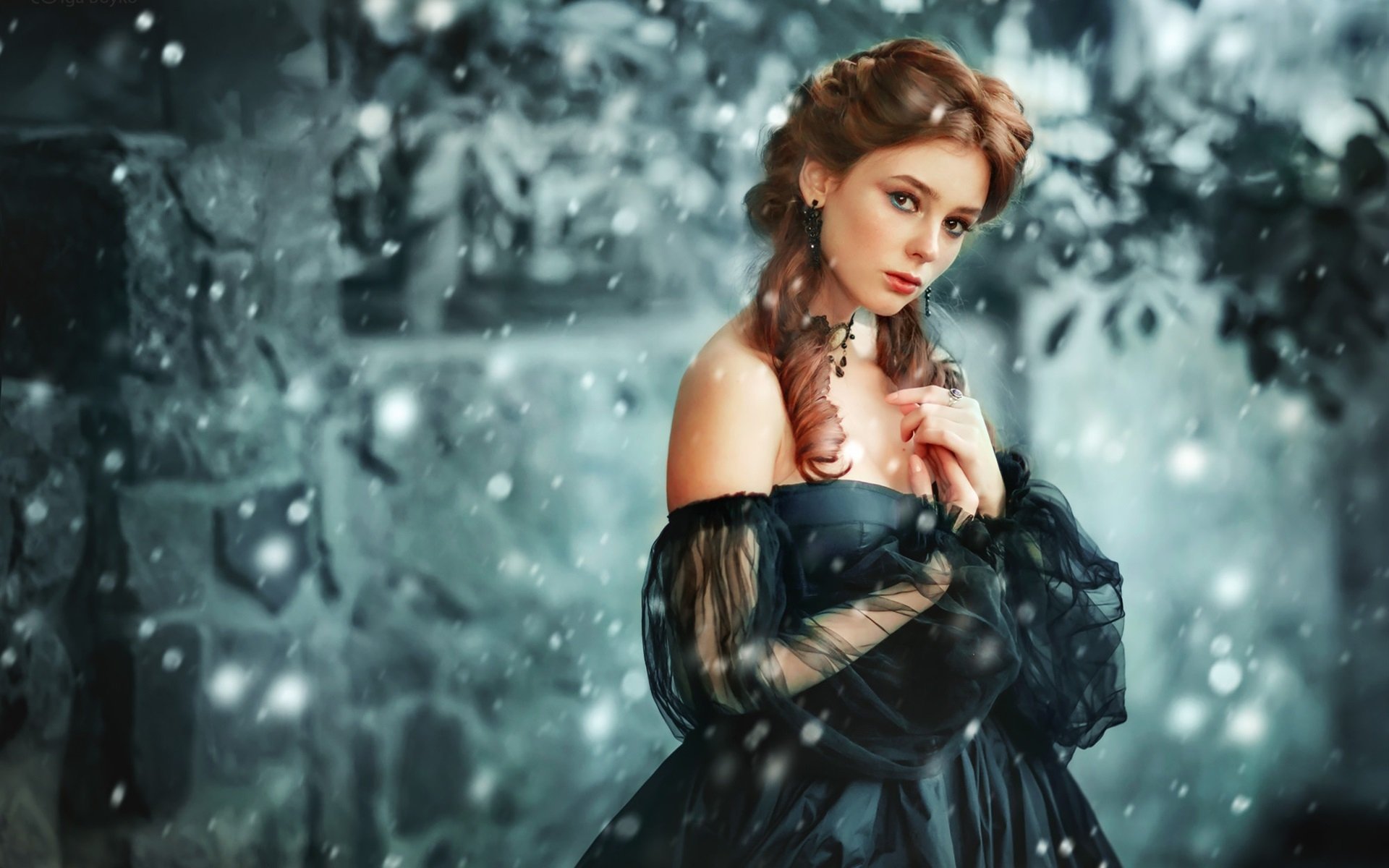Download Brown Eyes Earrings Redhead Black Dress Snowfall Winter Woman Model Hd Wallpaper
