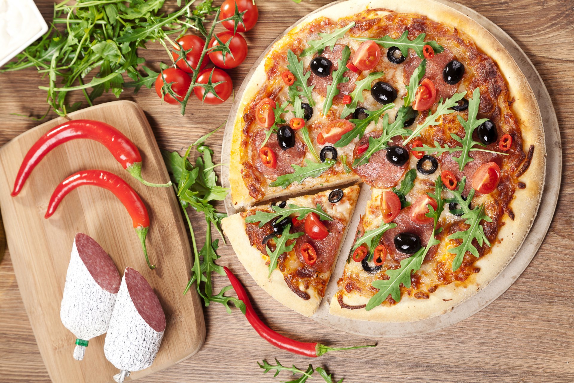 5K Ultra HD Pepperoni Pizza Still Life Wallpaper — Rustic Arugula ...
