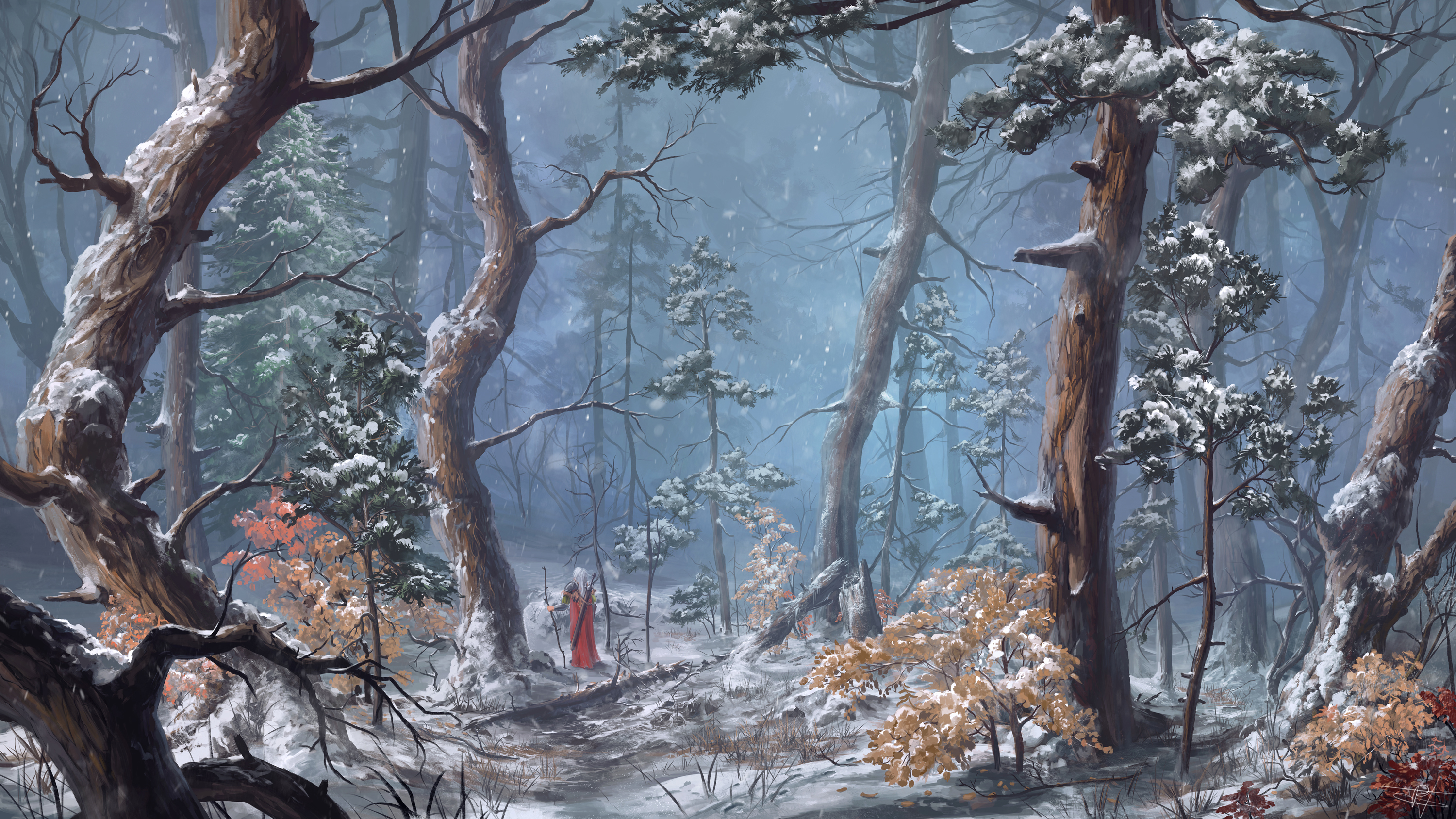 Fantasy Warrior in Winter Forest - HD Wallpaper by Max Suleimanov
