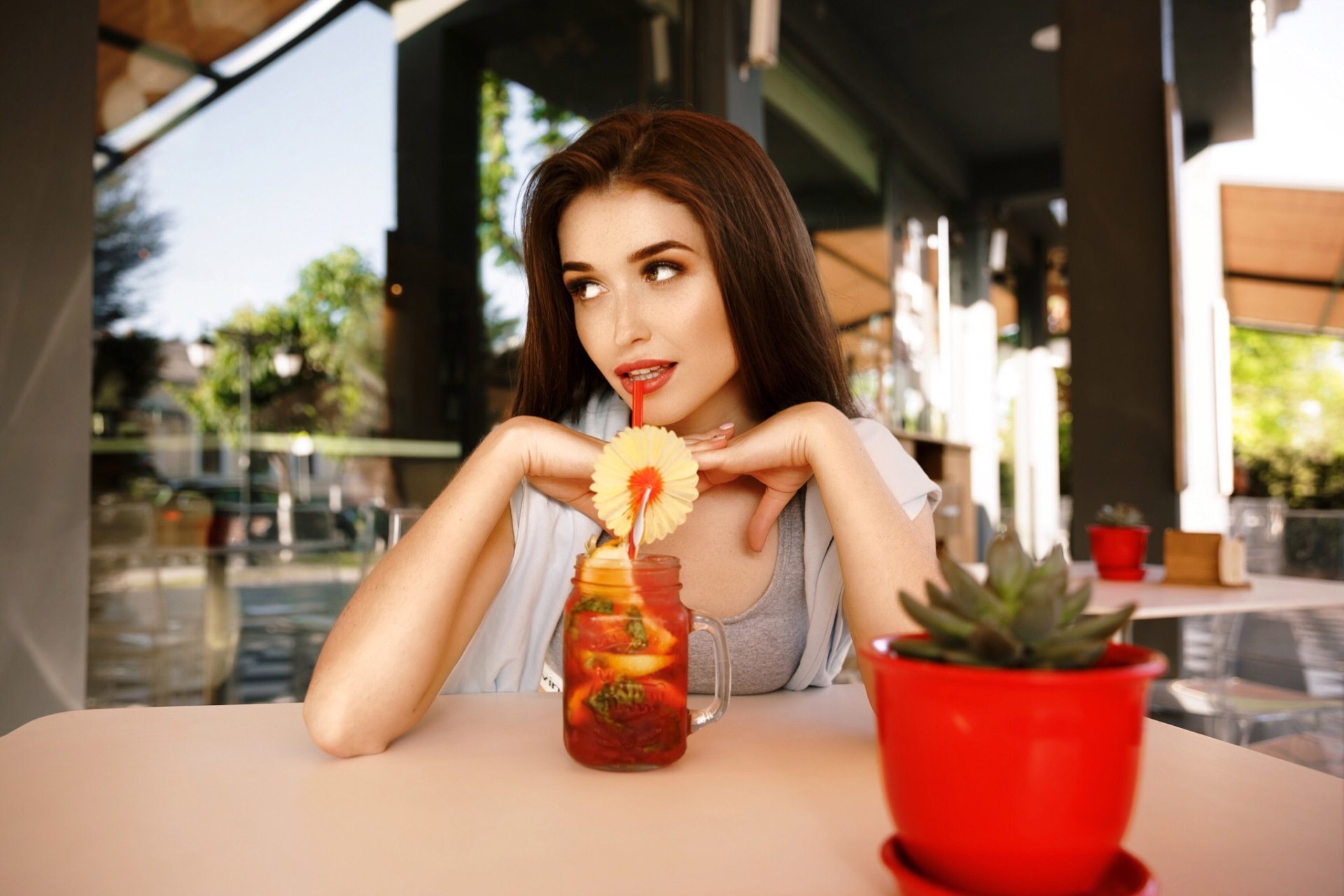 Download Brunette Drink Woman Model HD Wallpaper