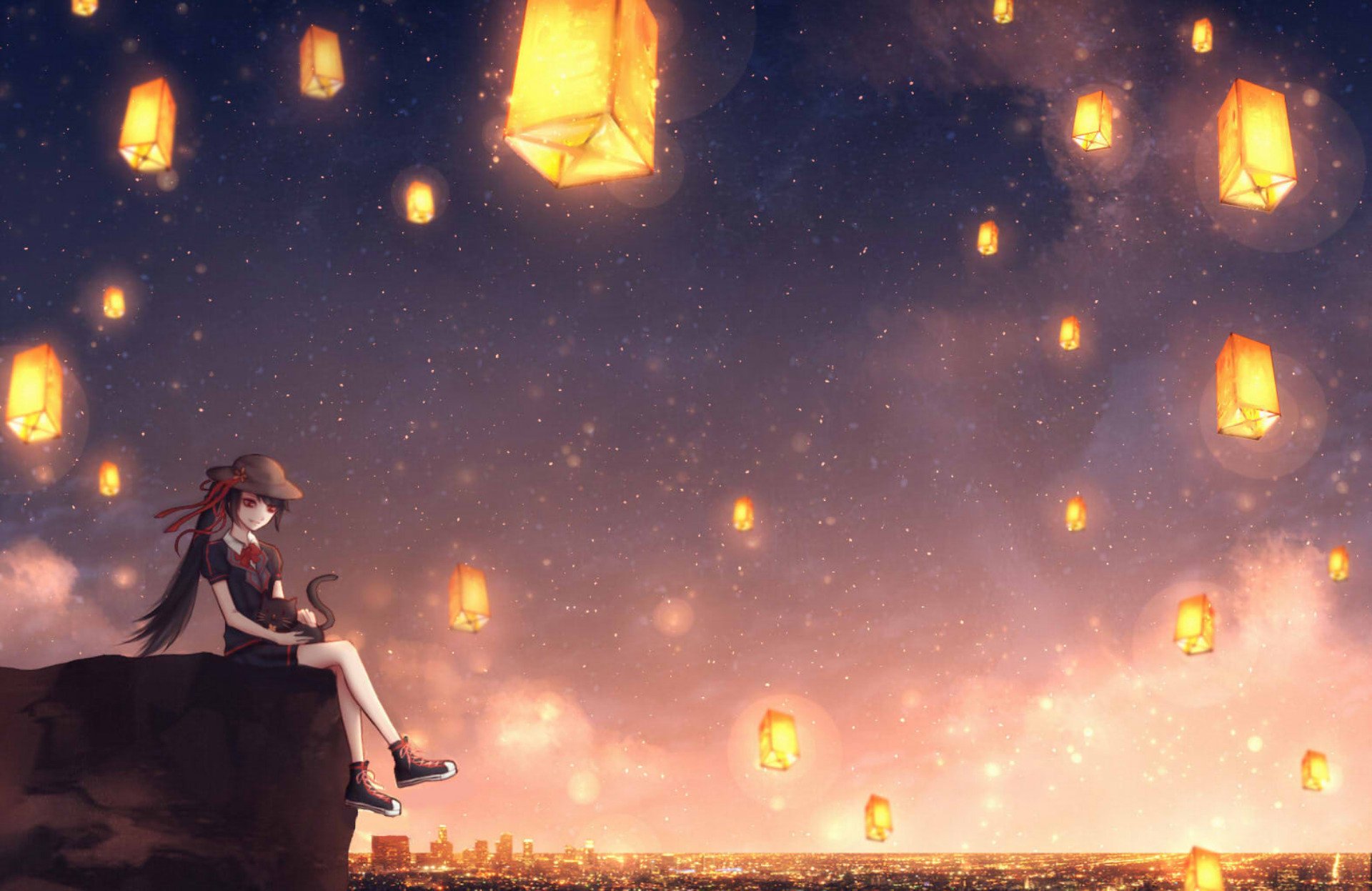 Red-Eyed Anime Cat Girl under Lantern-lit Skies – HD Original Wallpaper ...
