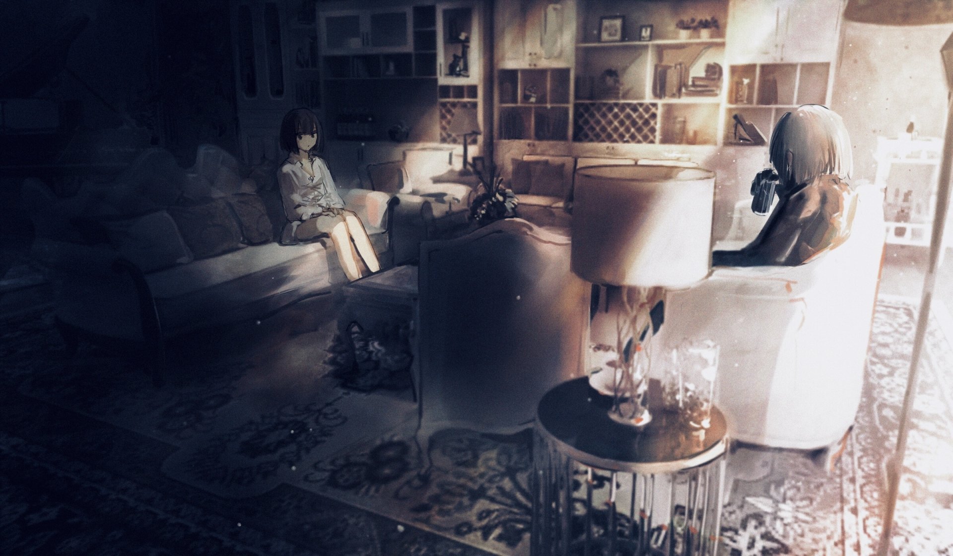 Anime Duo in a Dimly Lit Room – Black & White Hair HD Wallpaper by 華野-