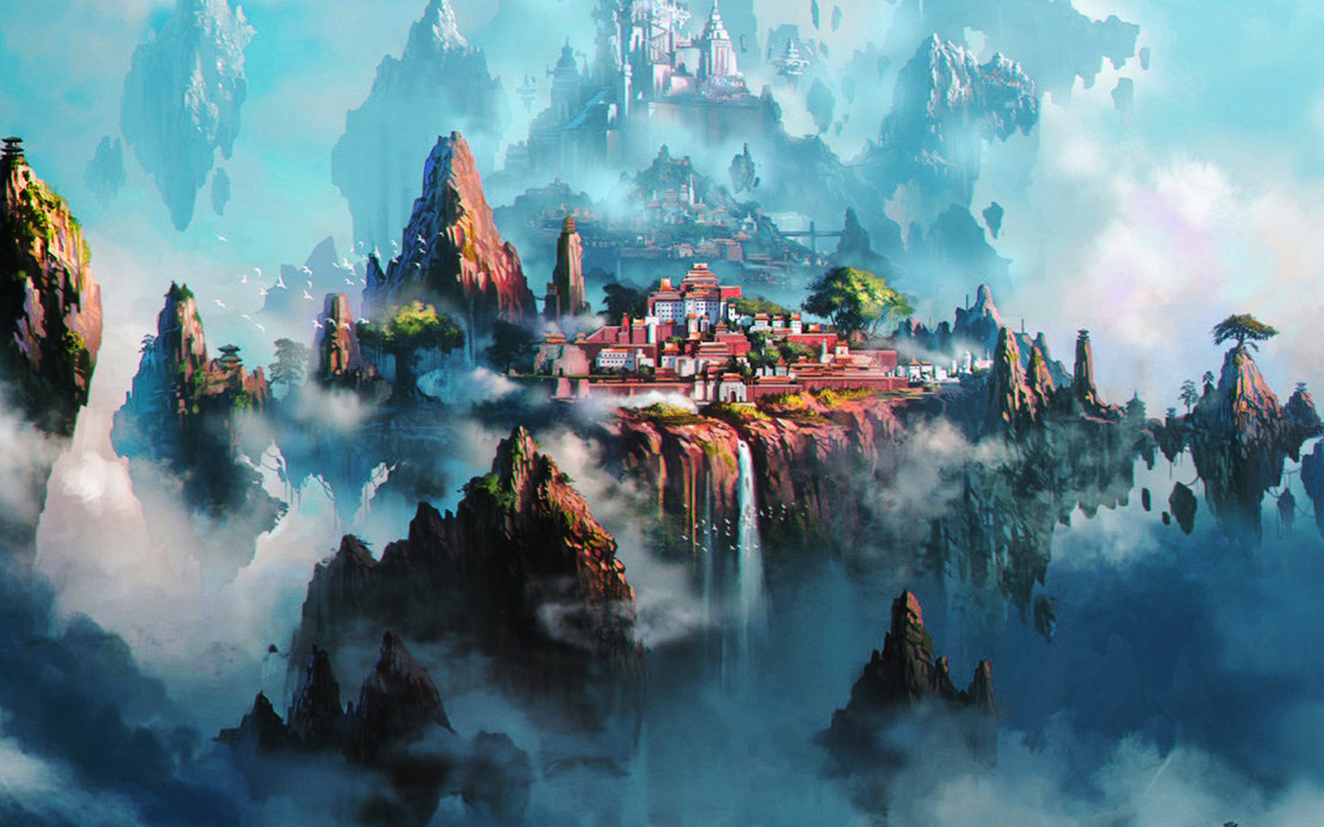 4K Ultra HD Fantasy City Above the Clouds with Waterfalls and Mystical Town