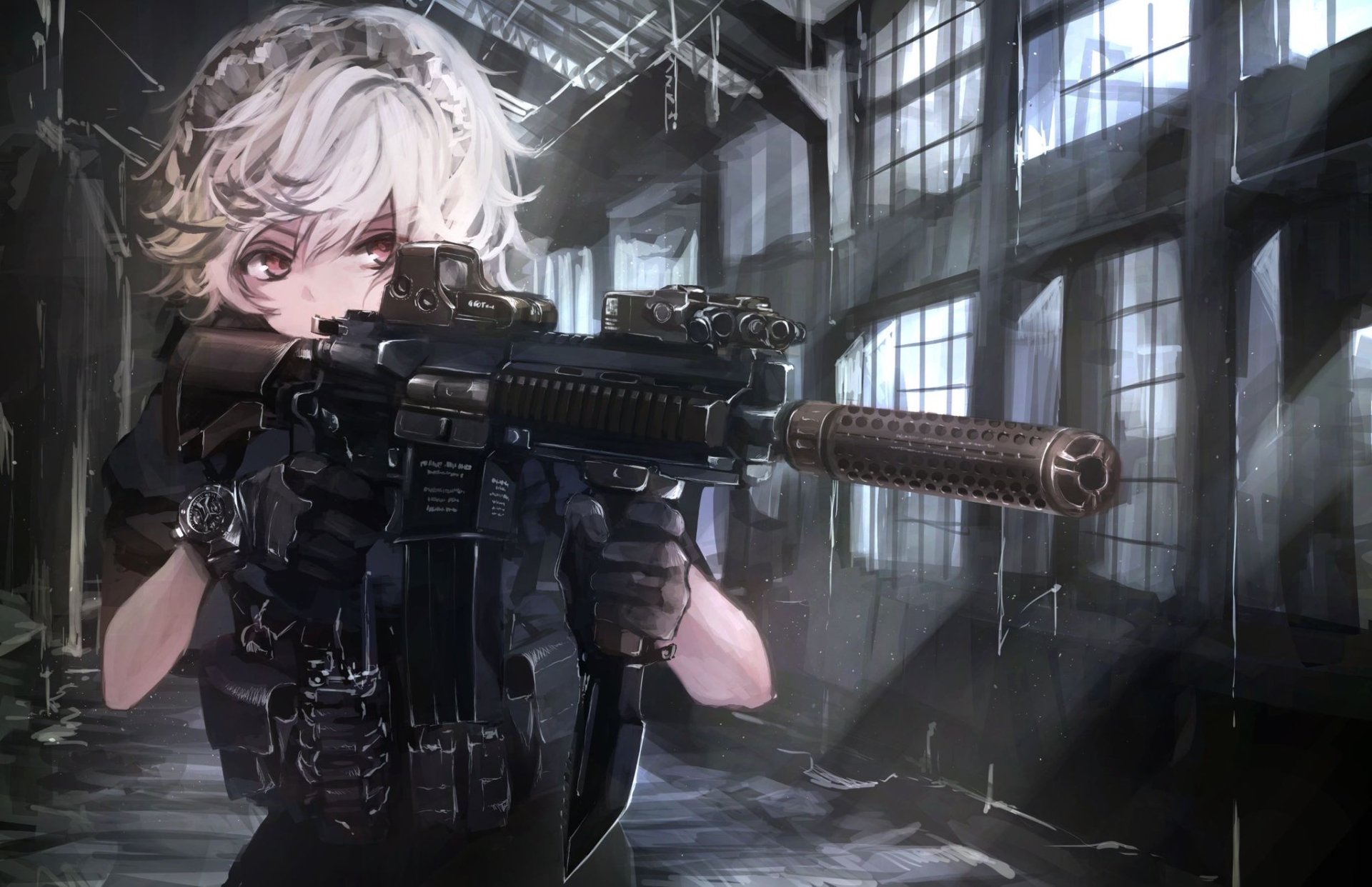 Sakuya Izayoi Armed: Futuristic Anime Warrior with White Hair & Red ...