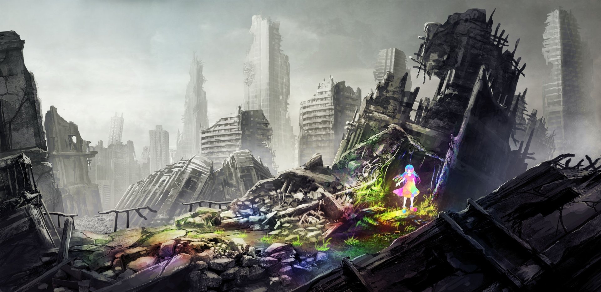 Anime Post-Apocalyptic HD: Neon Survivor in Ruined Cityscape ...
