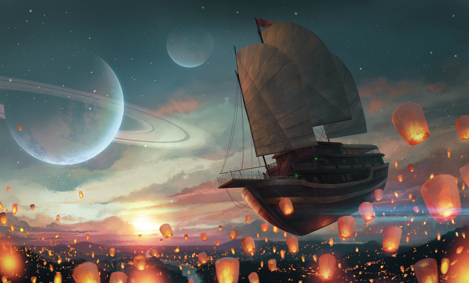 Download Planet Landscape Lantern Fantasy Ship Fantasy Landscape HD ...