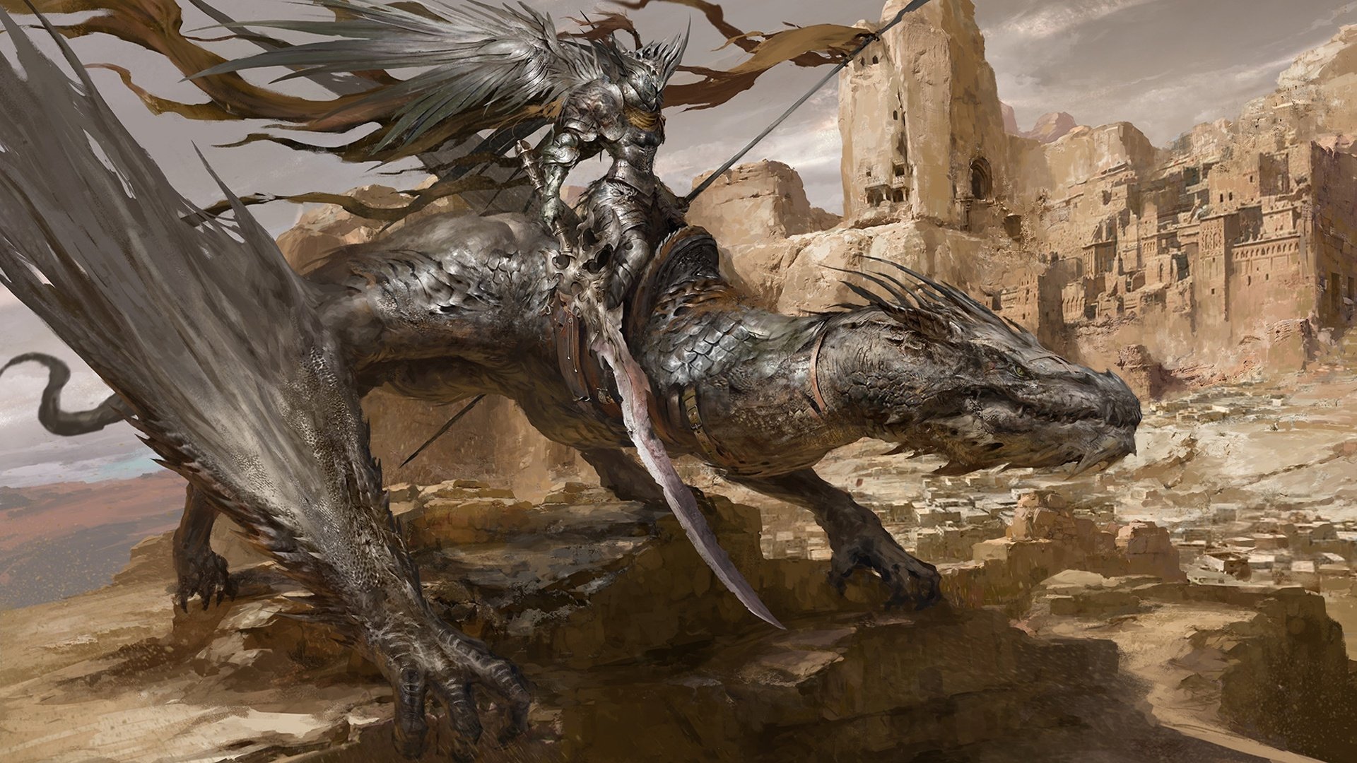 Legendary Dragon Warrior in Mythic Armor – HD Fantasy Epic Wallpaper by Russell Dongjun Lu