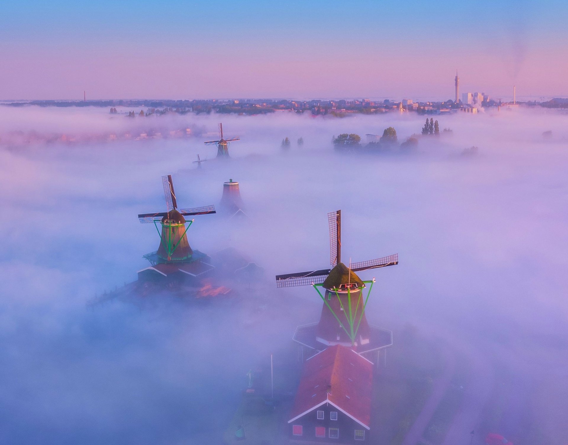Download Fog Building Landscape Man Made Windmill HD Wallpaper